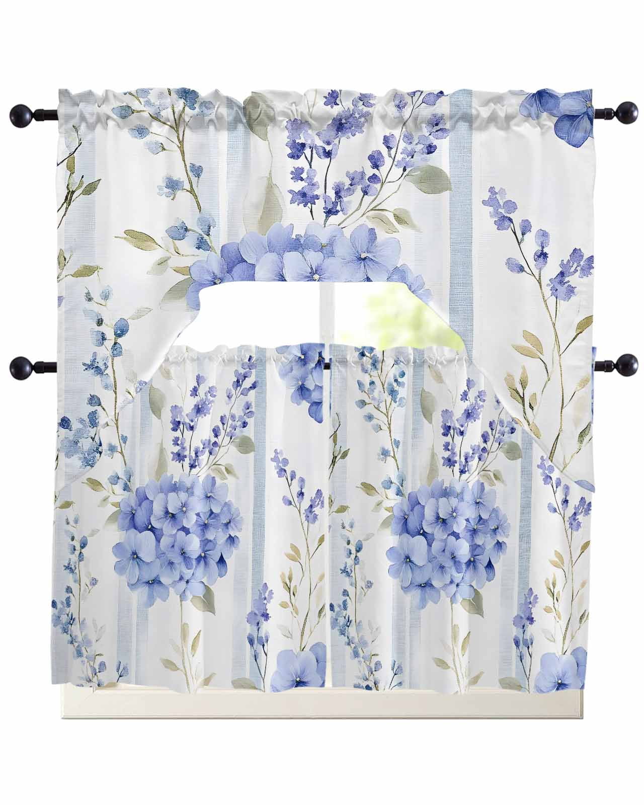 Purple Hydrangea Kitchen Curtains Sets 24 Inch Length with Valance ...