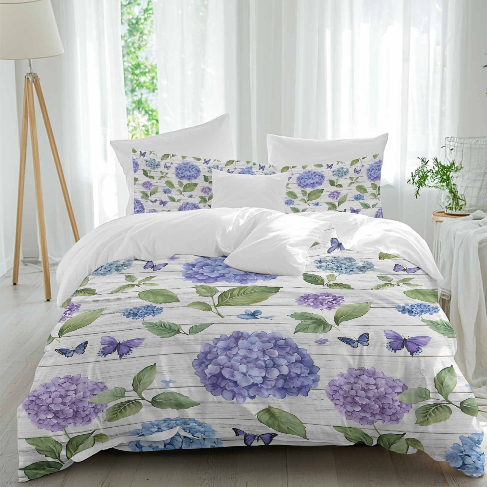Purple Hydrangeas Duvet Cover Set Twin Size, Floral Leaf Retro Wood ...