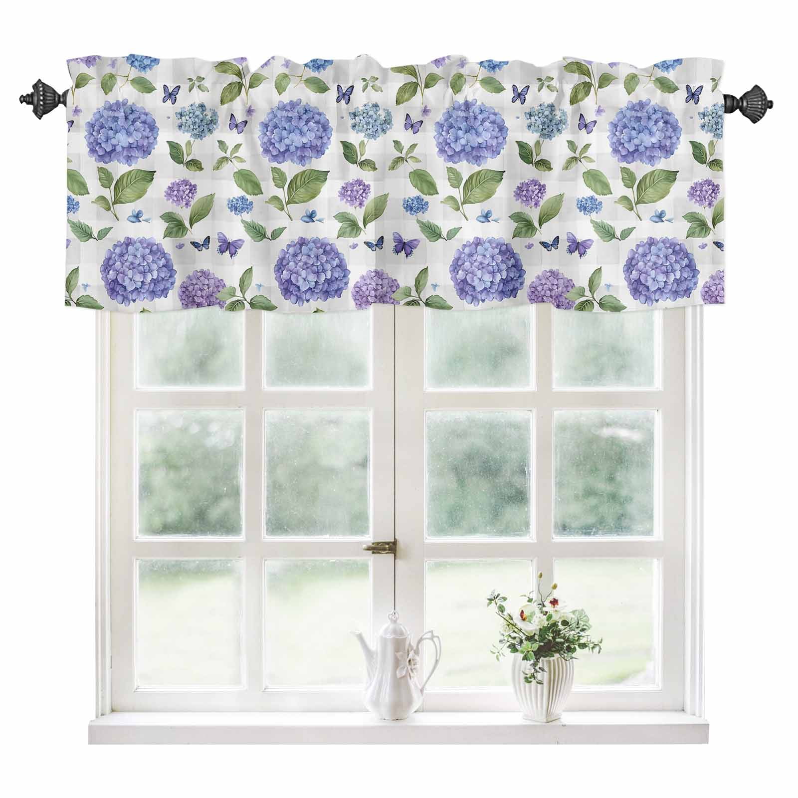 Purple Hydrangeas Kitchen Valances for Windows 60x18 Inch Kitchen Curtains Valances Rod Pocket ...