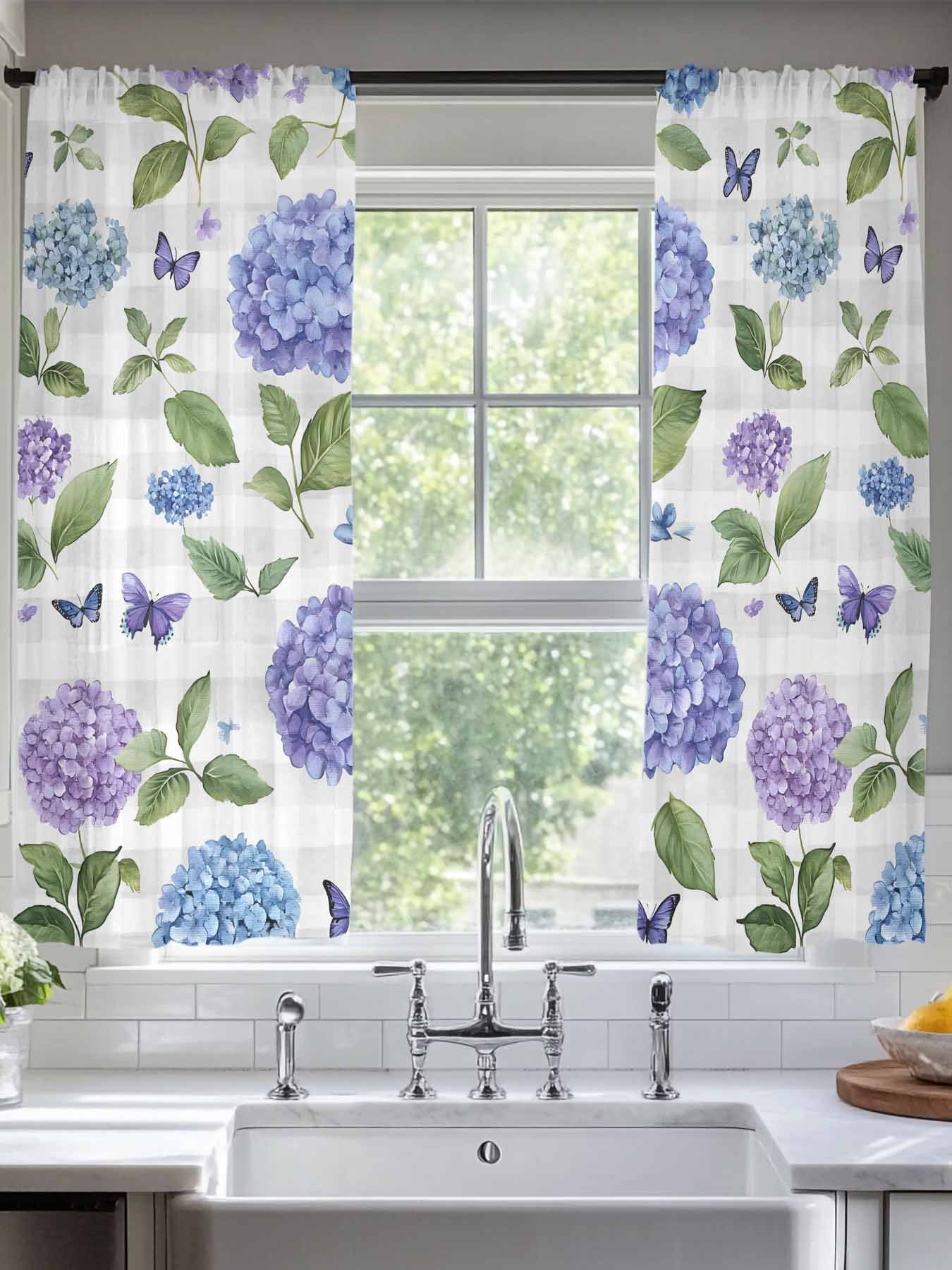 Purple Hydrangeas Sheer Curtains for Living Room Bedroom Botanical ...