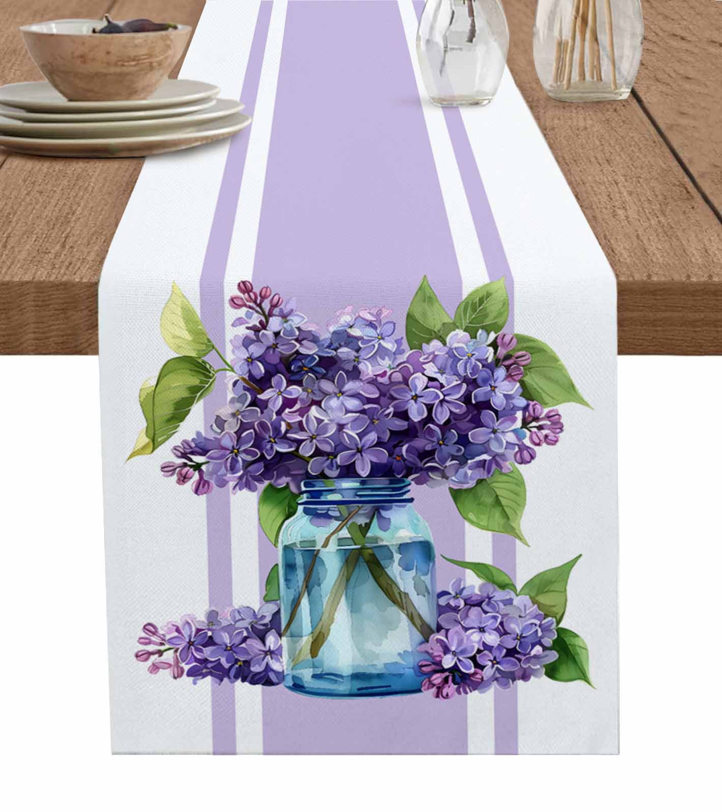 Purple Hydrangeas Table Runner 36 Inches, Farmhouse Purple Stripe Linen Bed Runner Dresser ...