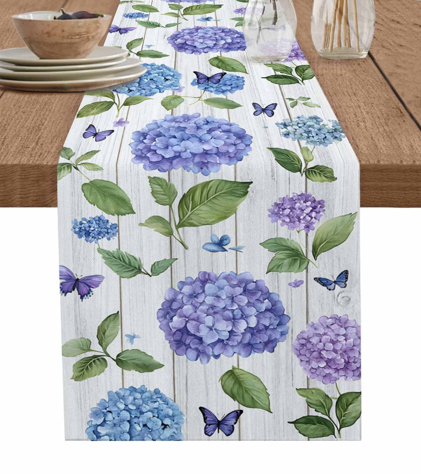 Purple Hydrangeas Table Runner 72 Inches, Botanical Flowers Rustic ...