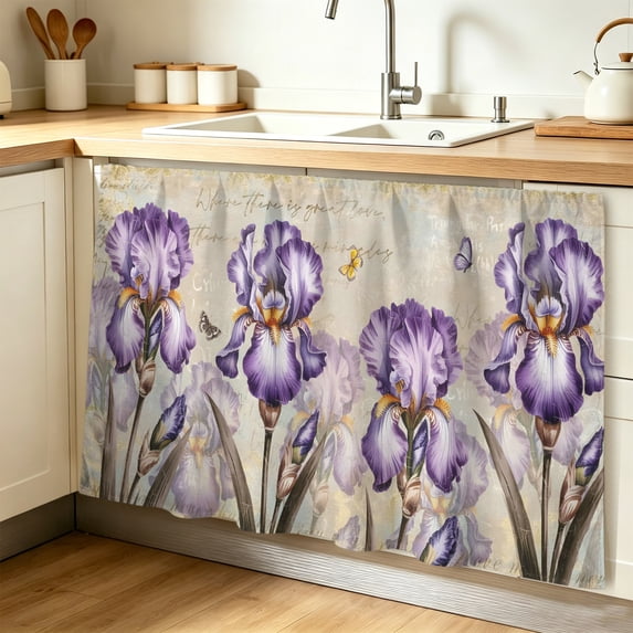 Purple Iris Cabinet Curtains for Shelves, Spring Vintage Flowers ...