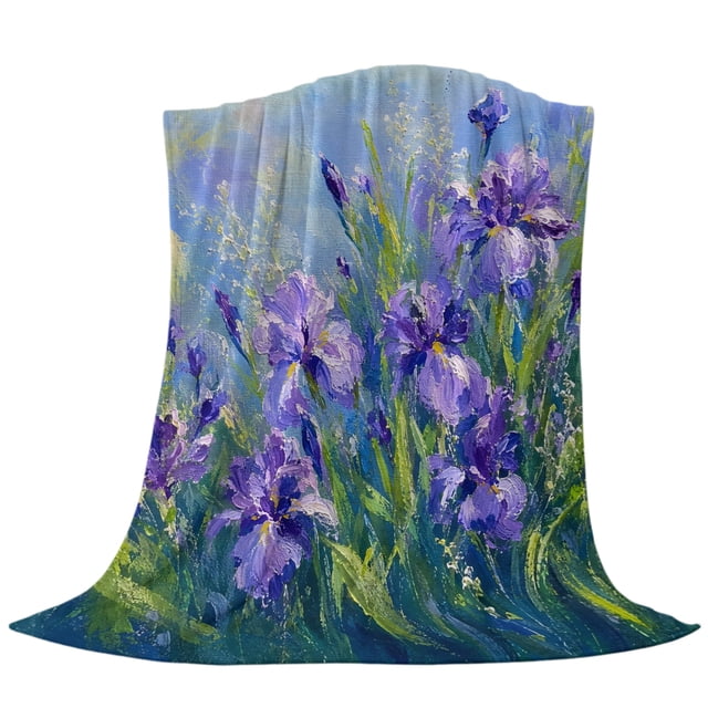 Purple Iris Flower Throw Flannel Blanket Green Meadow Grass Wild Blooms ...