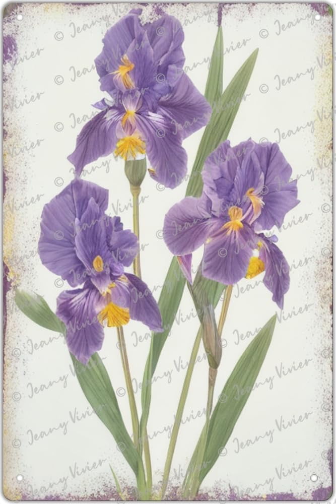 Purple Iris Tin Signs Vintage Botanical Art Iris Flower Wall Decor ...