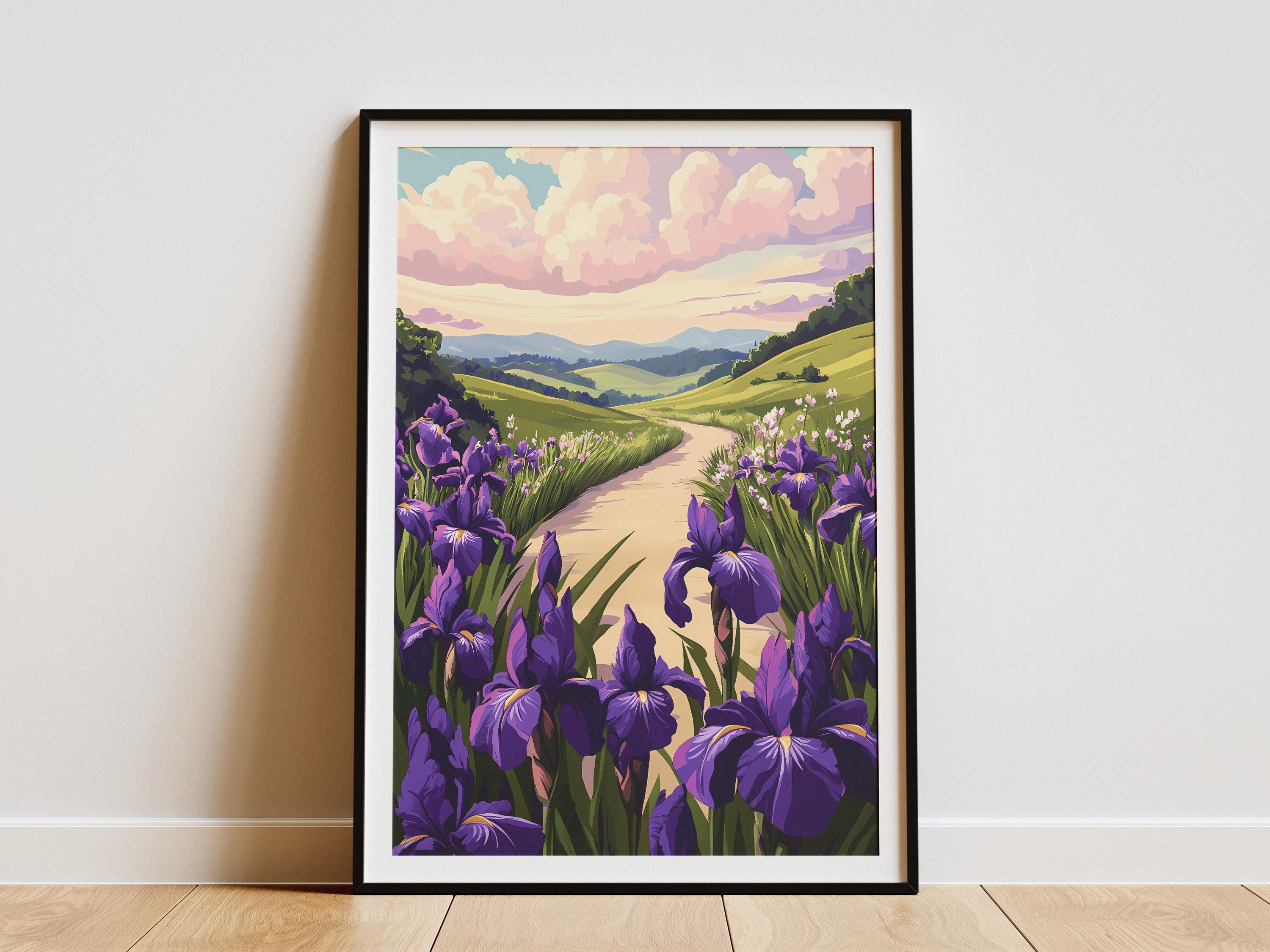Purple Irises Countryside Road Landscape Poster Tranquil Nature Art ...
