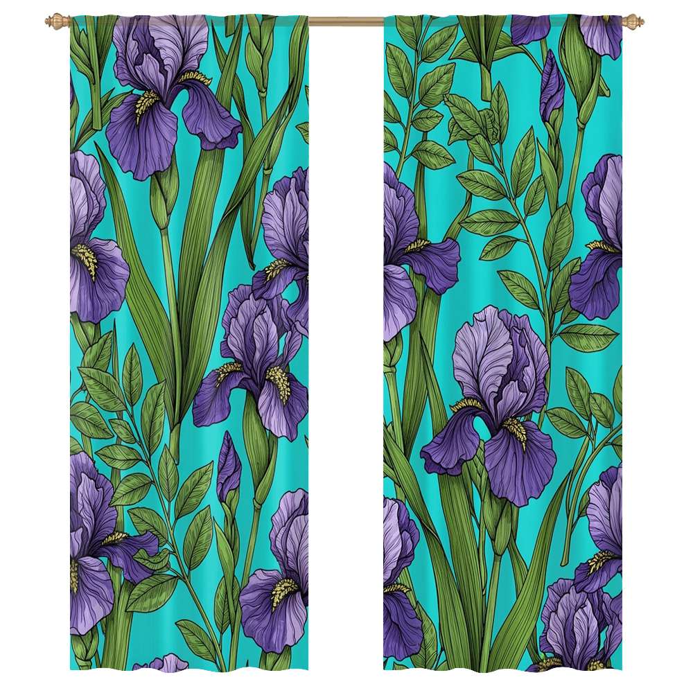Purple Irises Teal Background Floral Pattern Sheer Voile Curtain Window ...
