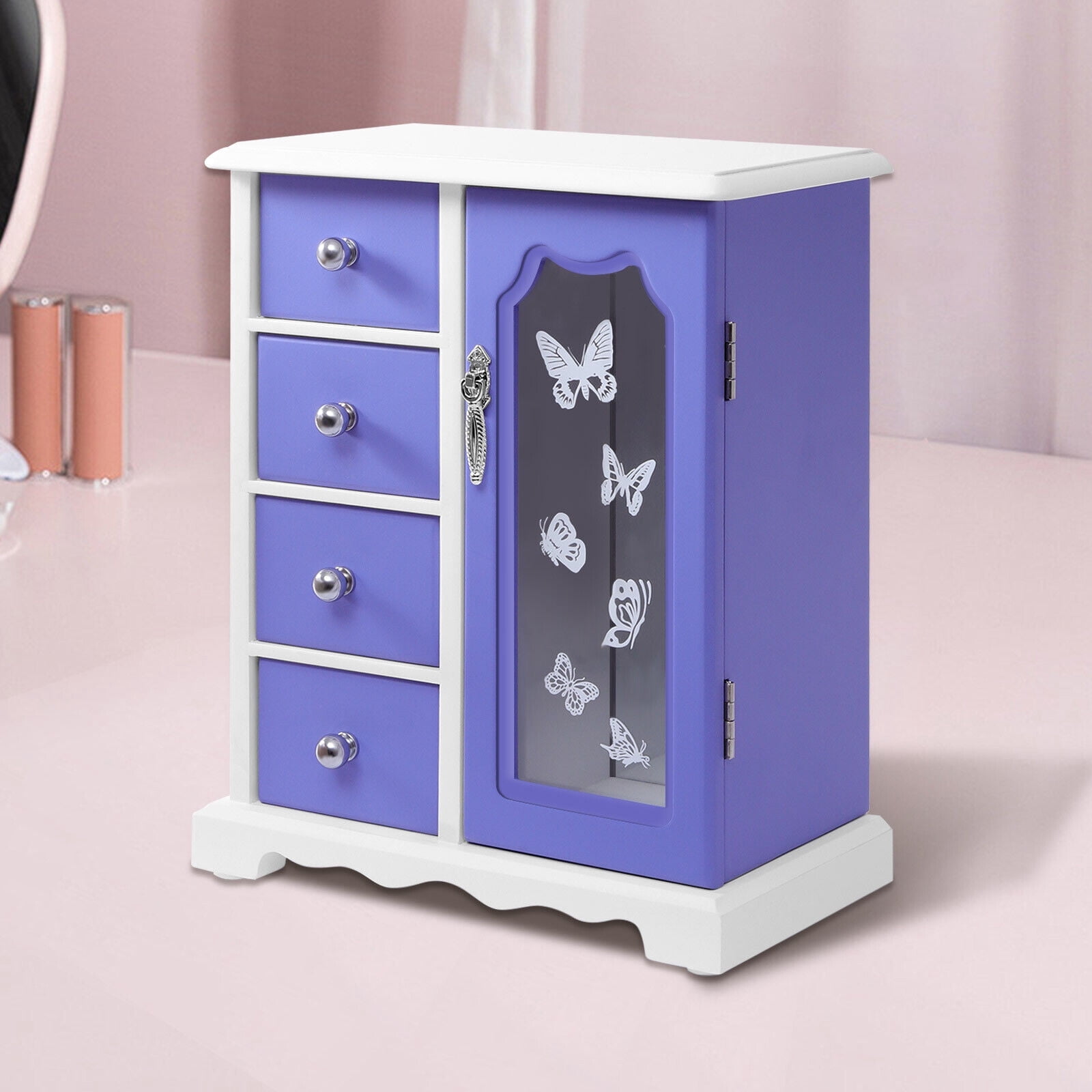 Purple Jewelry Storage Box with 4 Drawers and Swing Door and Hook ...