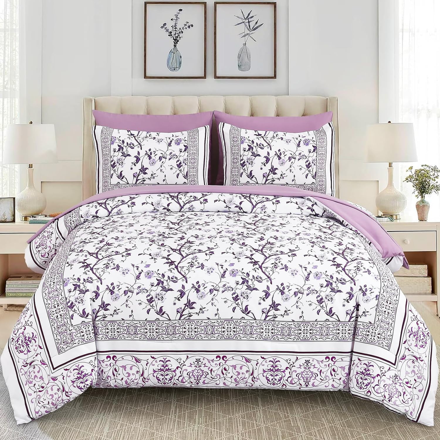 Purple King Size Comforter Set, Floral Botanical Bedding Set 7 Piece ...