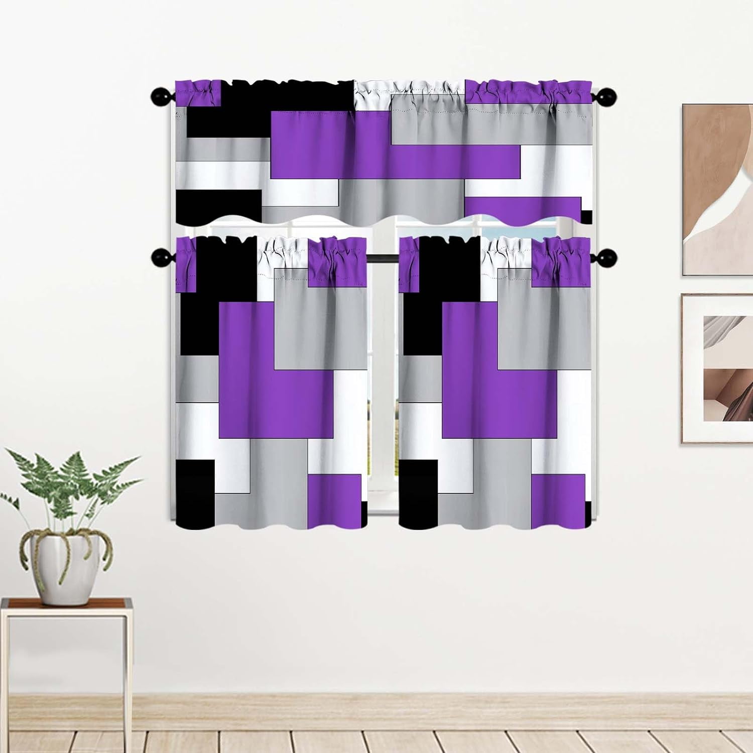 Purple Kitchen Curtain Valance and Tiers, 3Pcs Geometric Art Valance ...