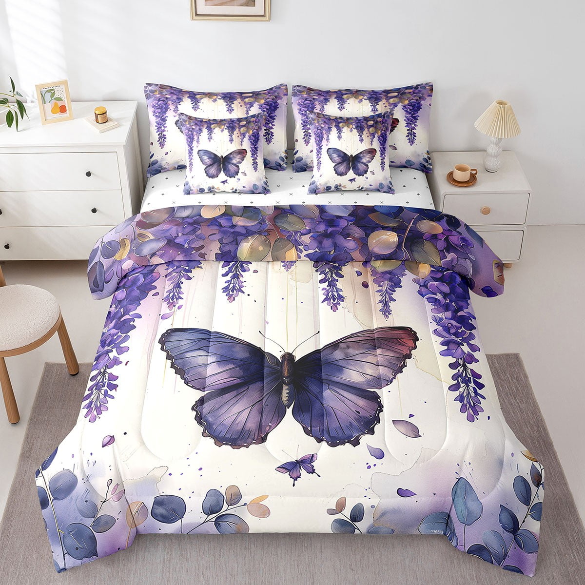 Purple Lavender Bedding Set 7 Pieces,Butterfly Flowers Comforter Set ...