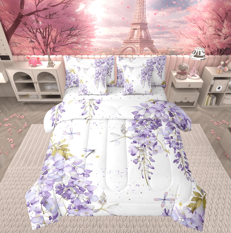 Purple Lavender Bedding Set Twin Size,Dragonfly Wildlife Floral ...