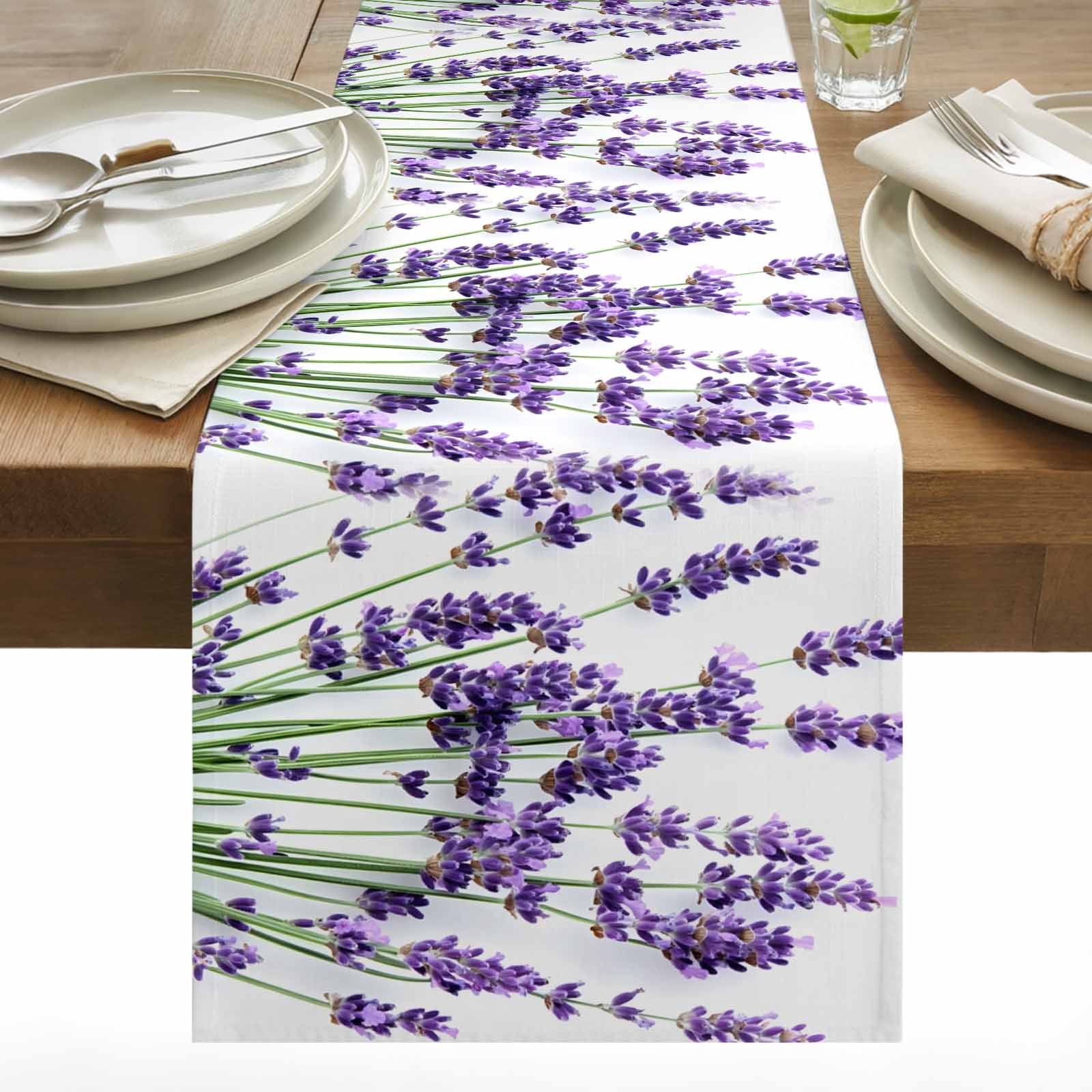 Purple Lavender Cotton Linen Table Runner Flowers Watercolor Floral ...