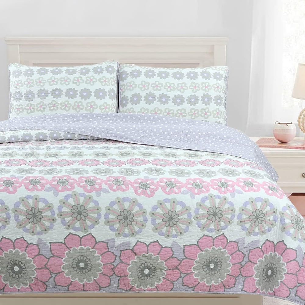 Purple Lavender Coverlet, Pink Floral Cotton Girls Reversible Quilt ...