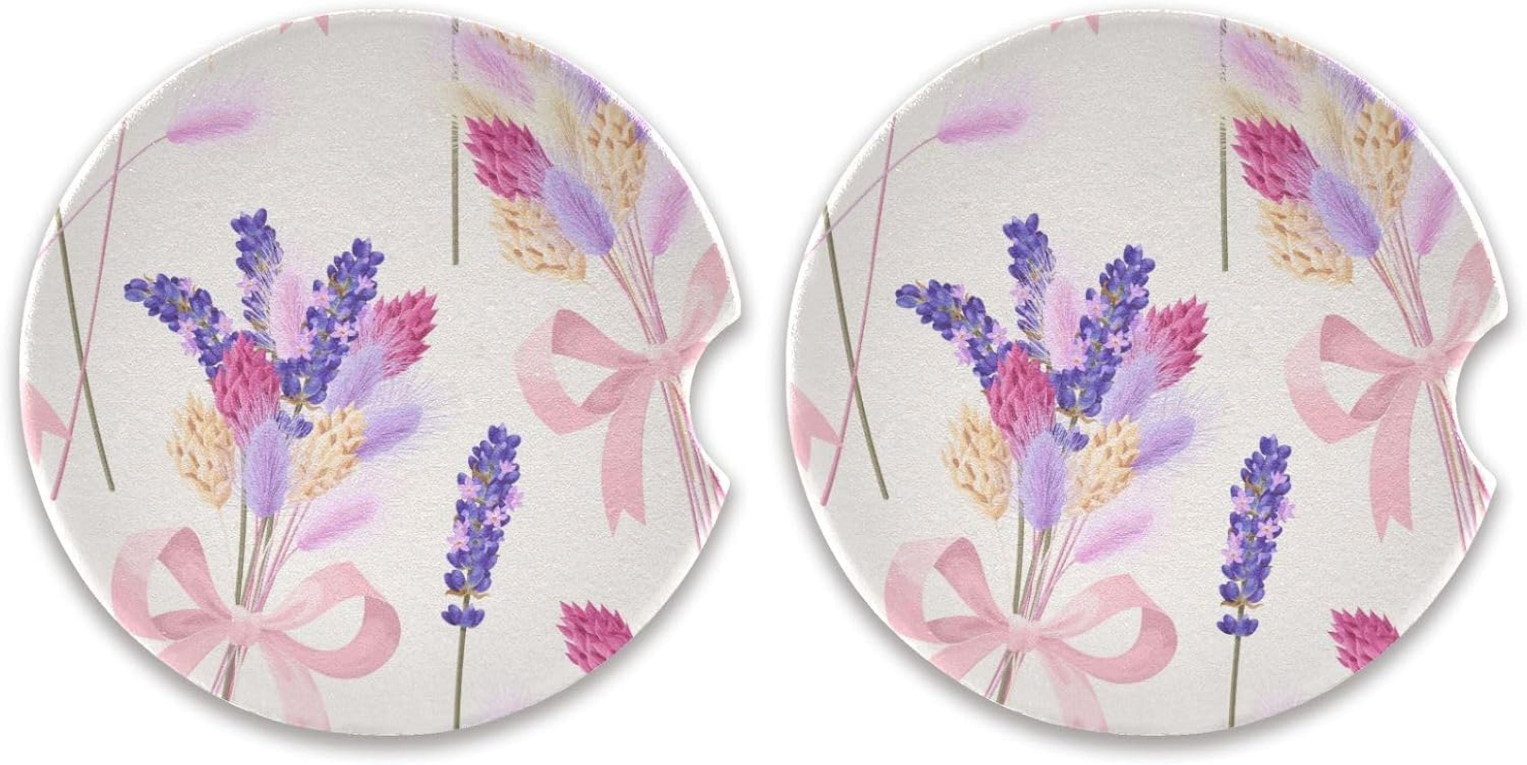 Purple Lavender Floral Car Coasters, Set of 2 Non-Slip Coasters with ...