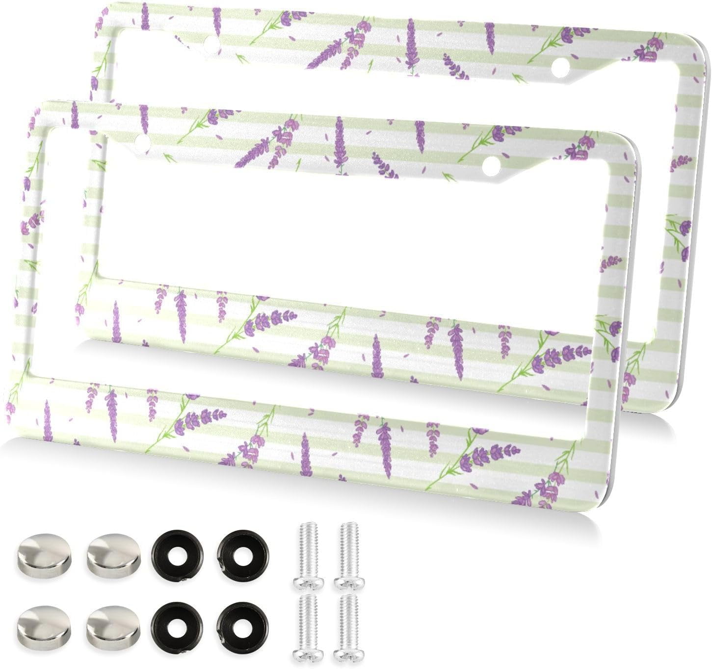 Purple Lavender Floral License Plate Frame - 2 Pack Universal Stainless ...