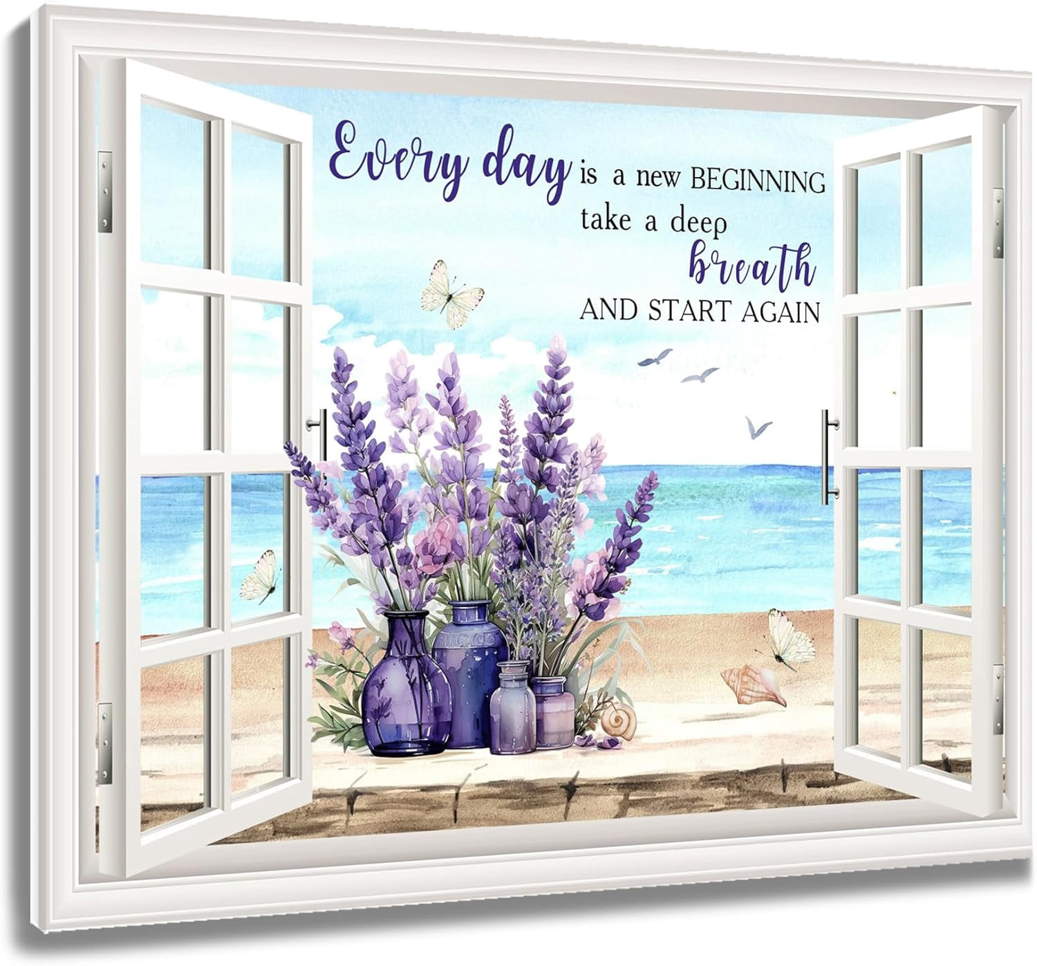 Purple Lavender Floral Wall Art Ocean Beach Window Landscape Canvas ...
