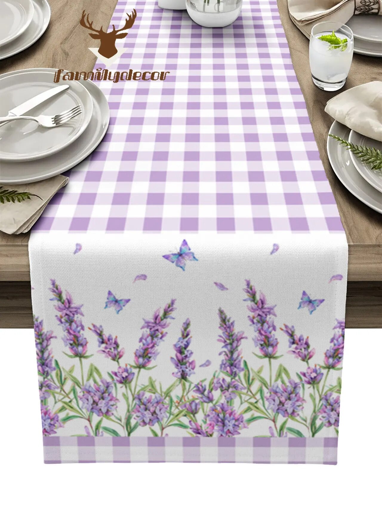 Purple Lavender Flower Butterfly Purple Plaid Table Runner Home Wedding ...