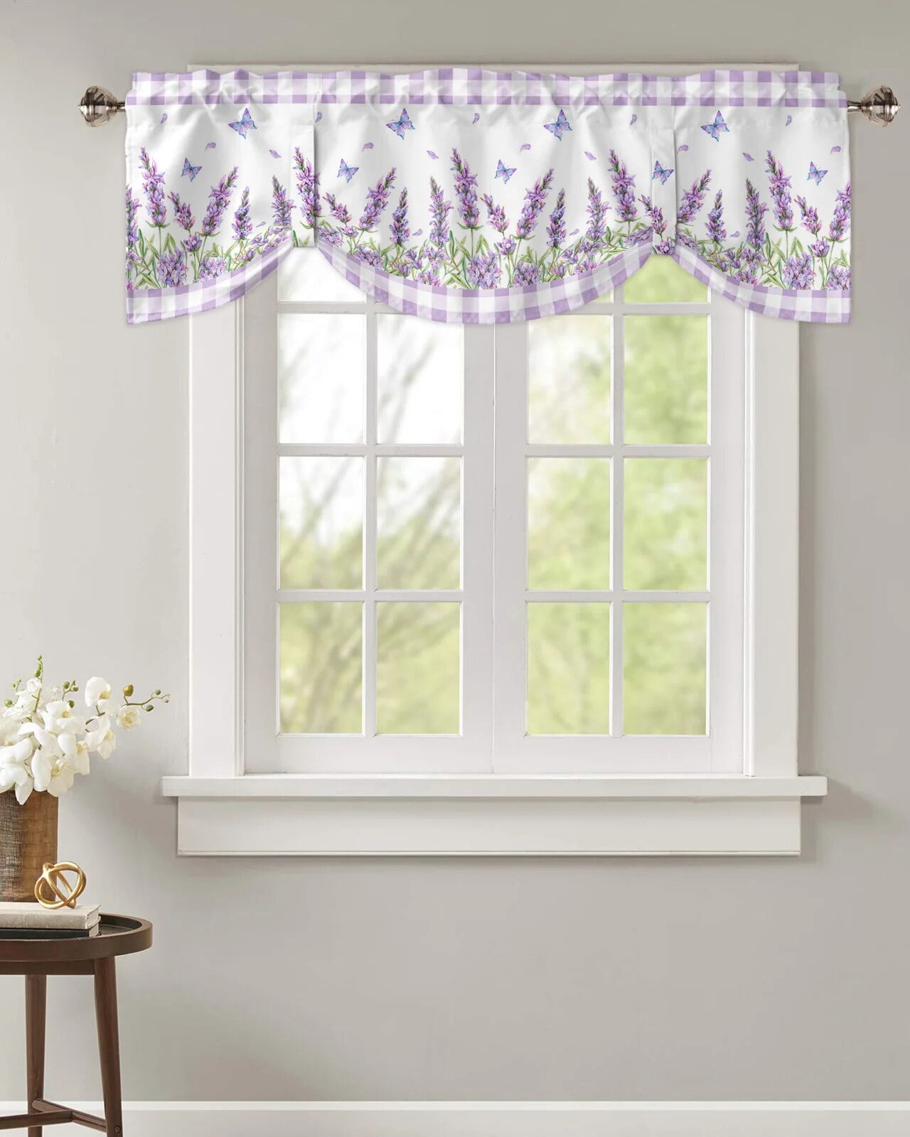Purple Lavender Flower Butterfly Purple Plaid Window Curtain Adjustable ...