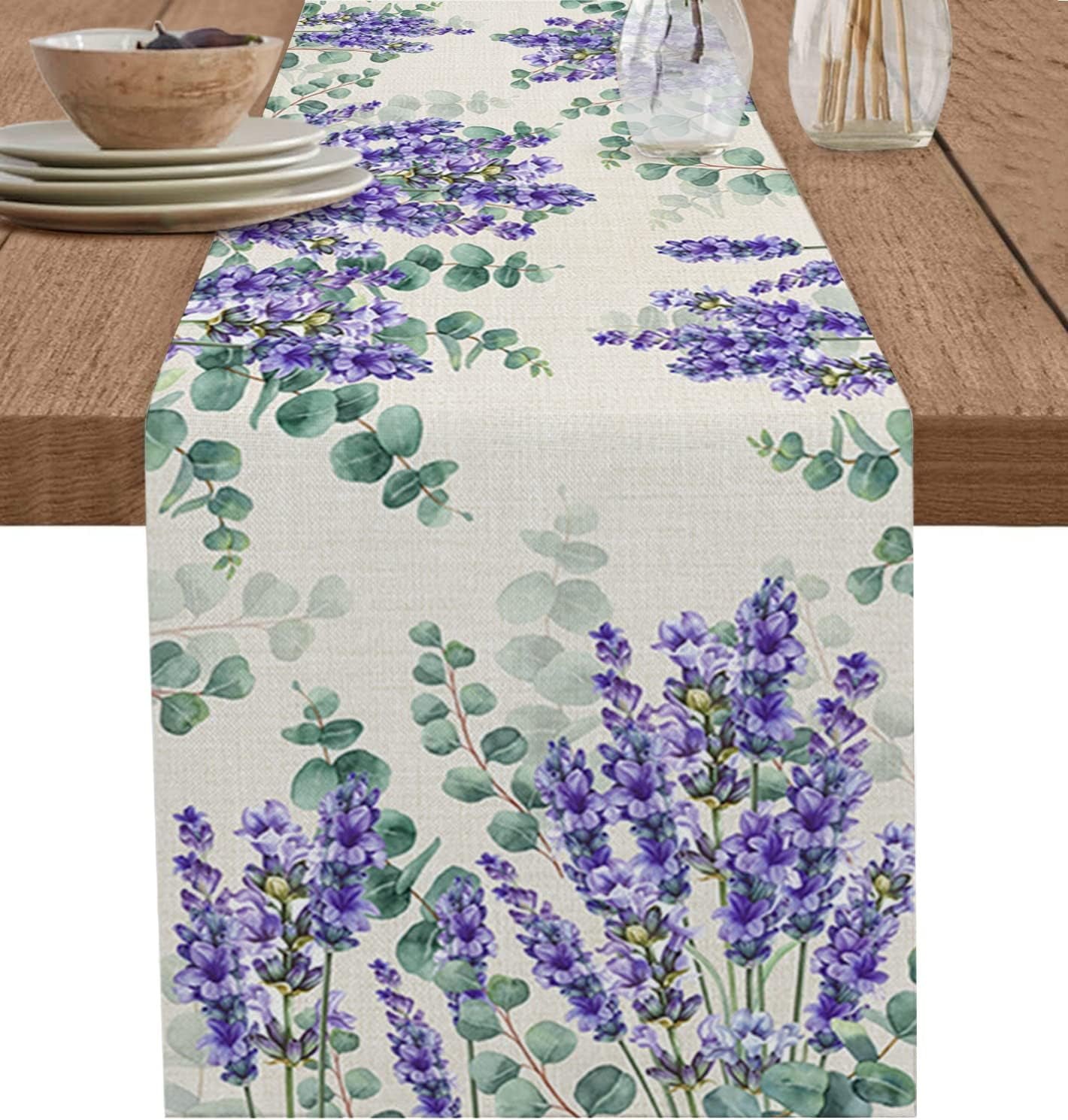 Purple Lavender Flower Eucalyptus Leaves Linen Table Runners Summer ...
