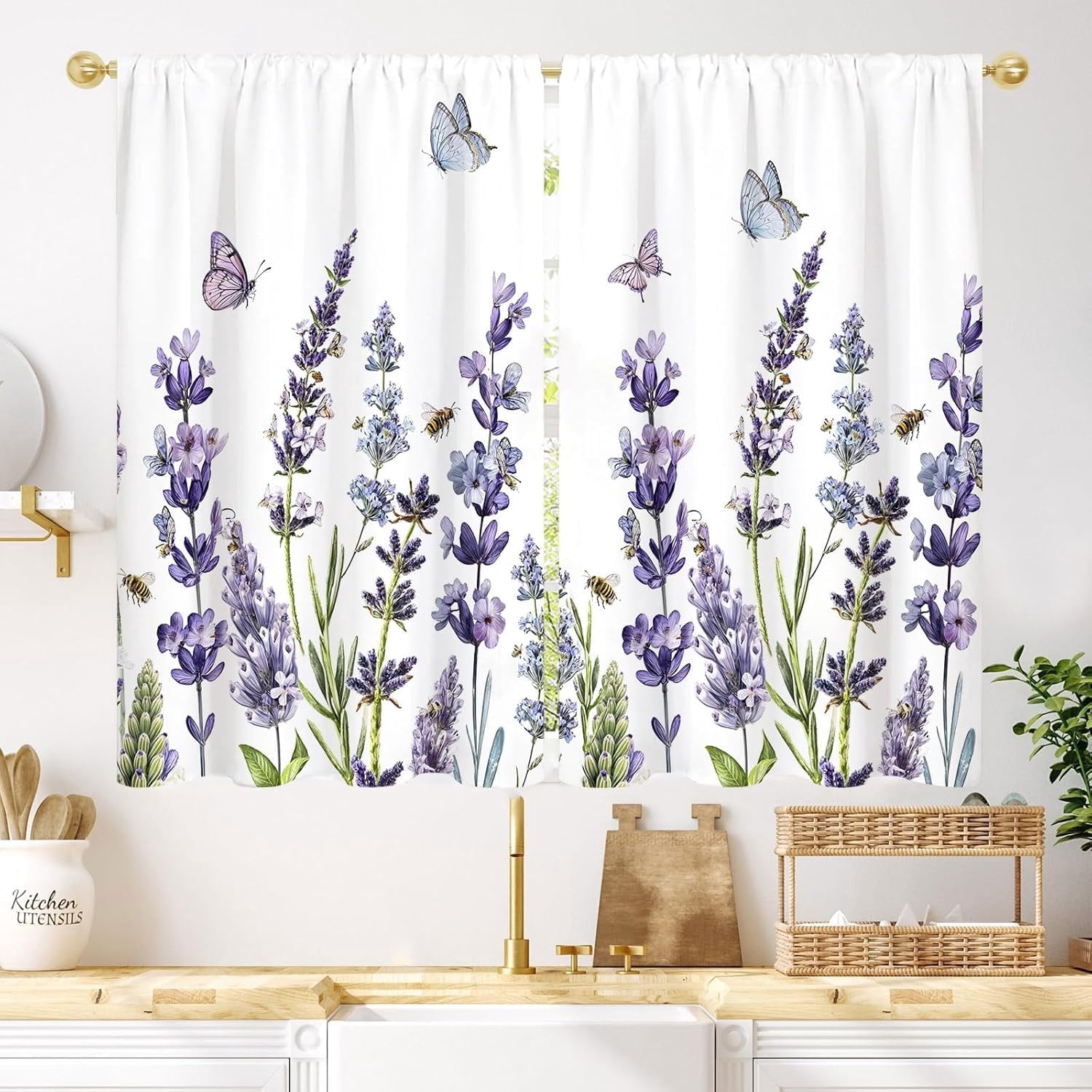 Purple Lavender Flower Kitchen Curtains 27.5W X 39L Inch 2 Panel Spring ...