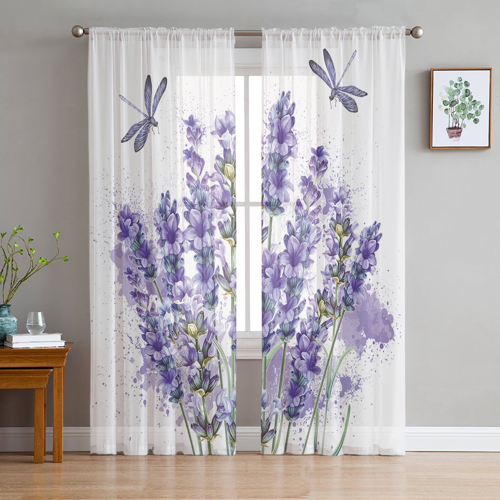 Purple Lavender Flowers Sheer Voile Curtains for Living Room Bedroom ...