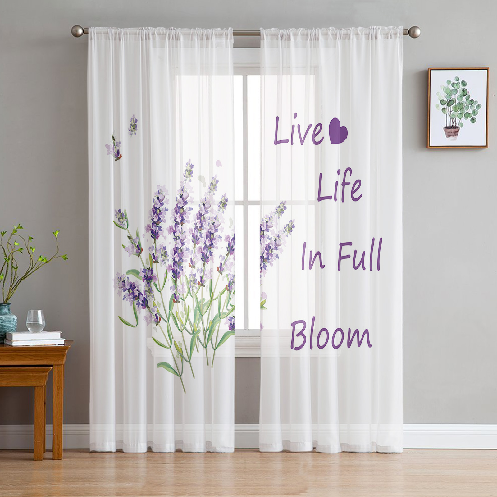 Purple Lavender Green Leaves Plant Field Window Tulle Curtains for ...