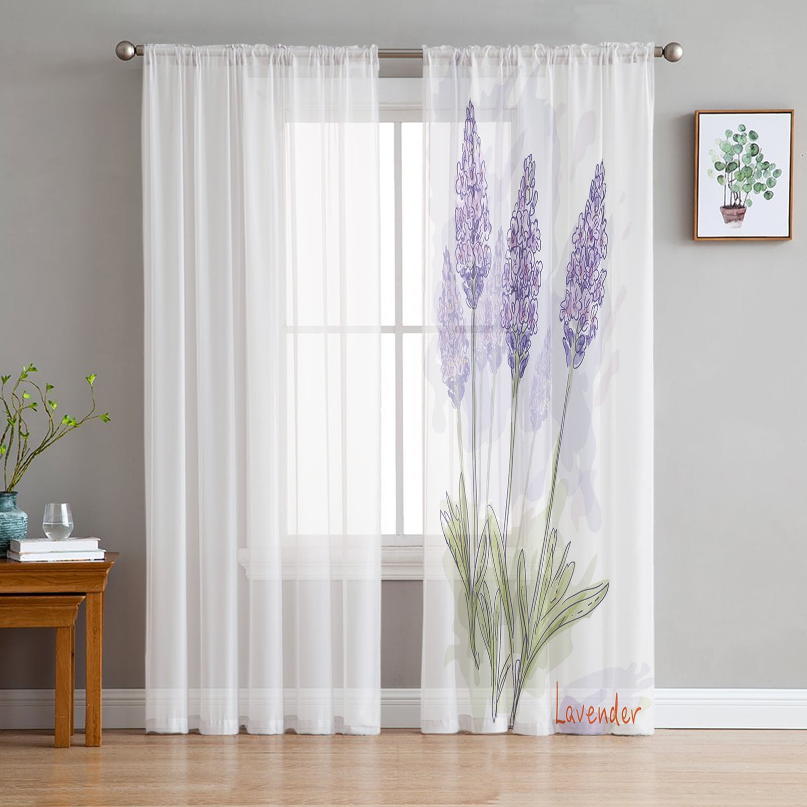 Purple Lavender Green Leaves Plant Field Window Tulle Curtains for ...