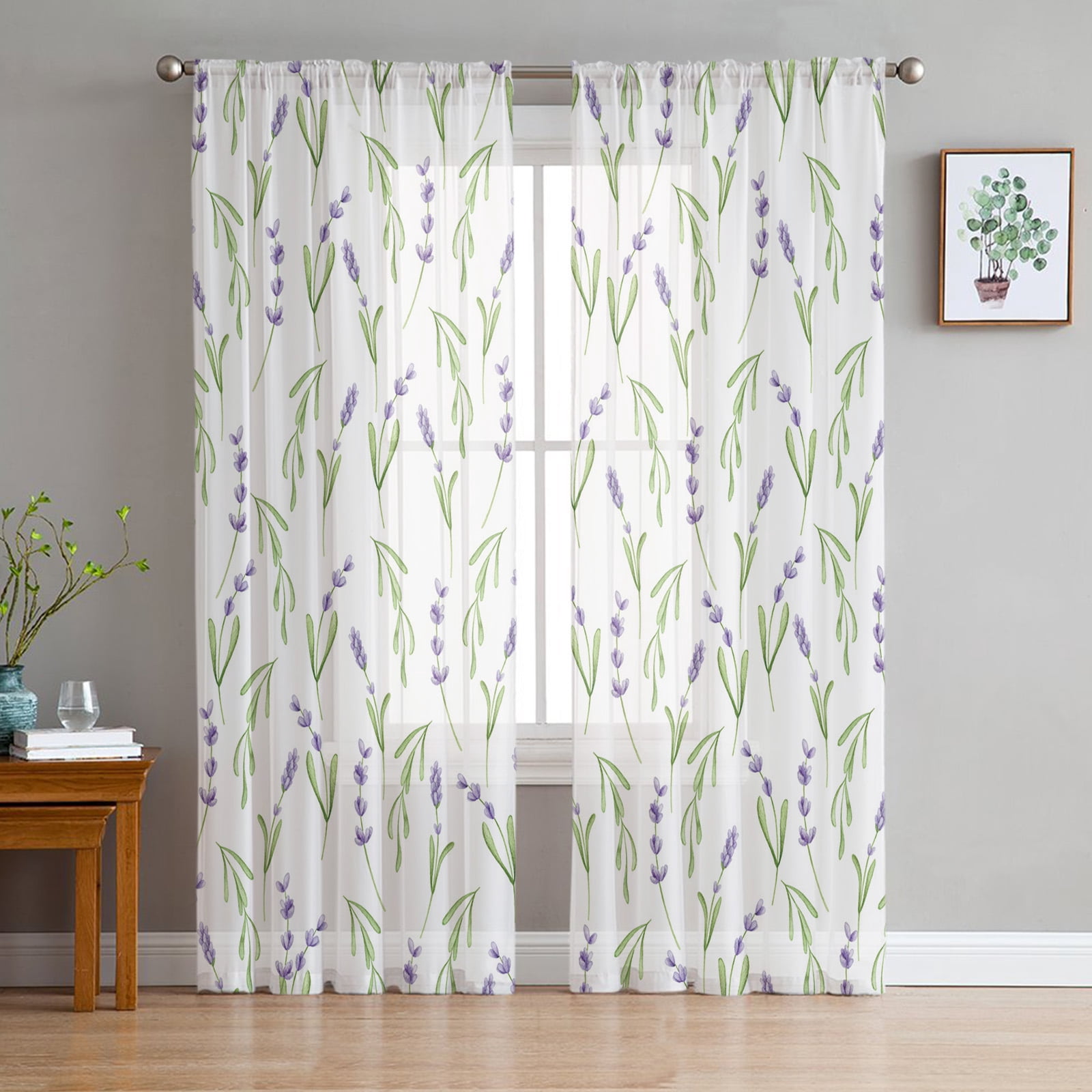Purple Lavender Green Leaves Plant Field Window Tulle Curtains for ...