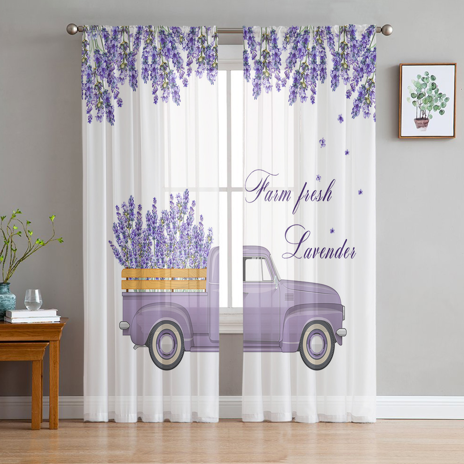 Purple Lavender Green Leaves Plant Field Window Tulle Curtains for ...