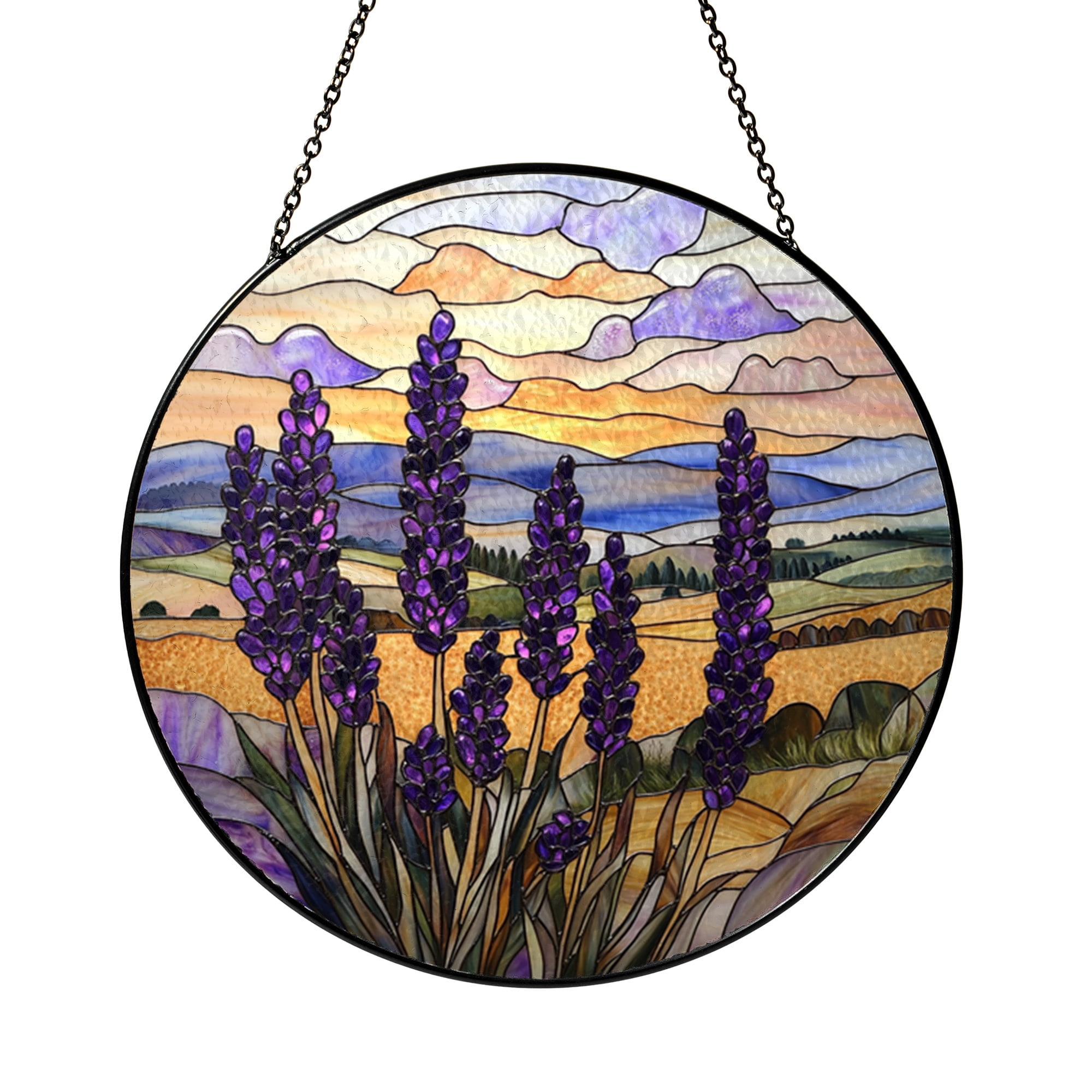Purple Lavender Landscape Stained Glass Style Suncatcher for Window ...