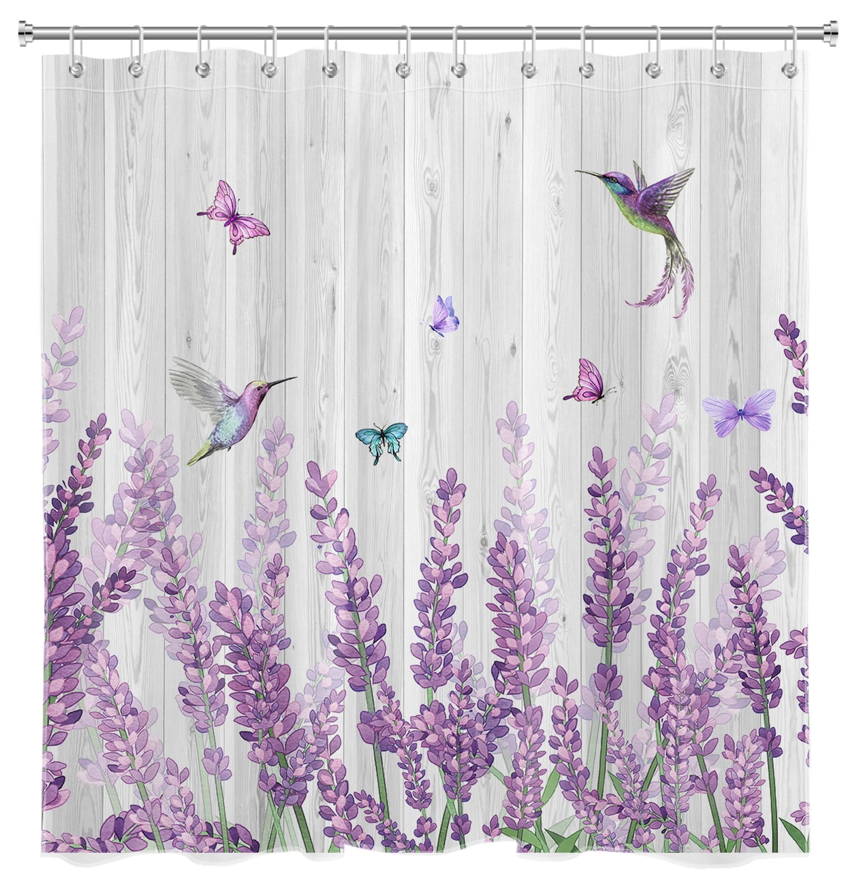 Purple Lavender Shower Curtain Watercolor Flowers Butterfly Hummingbird ...