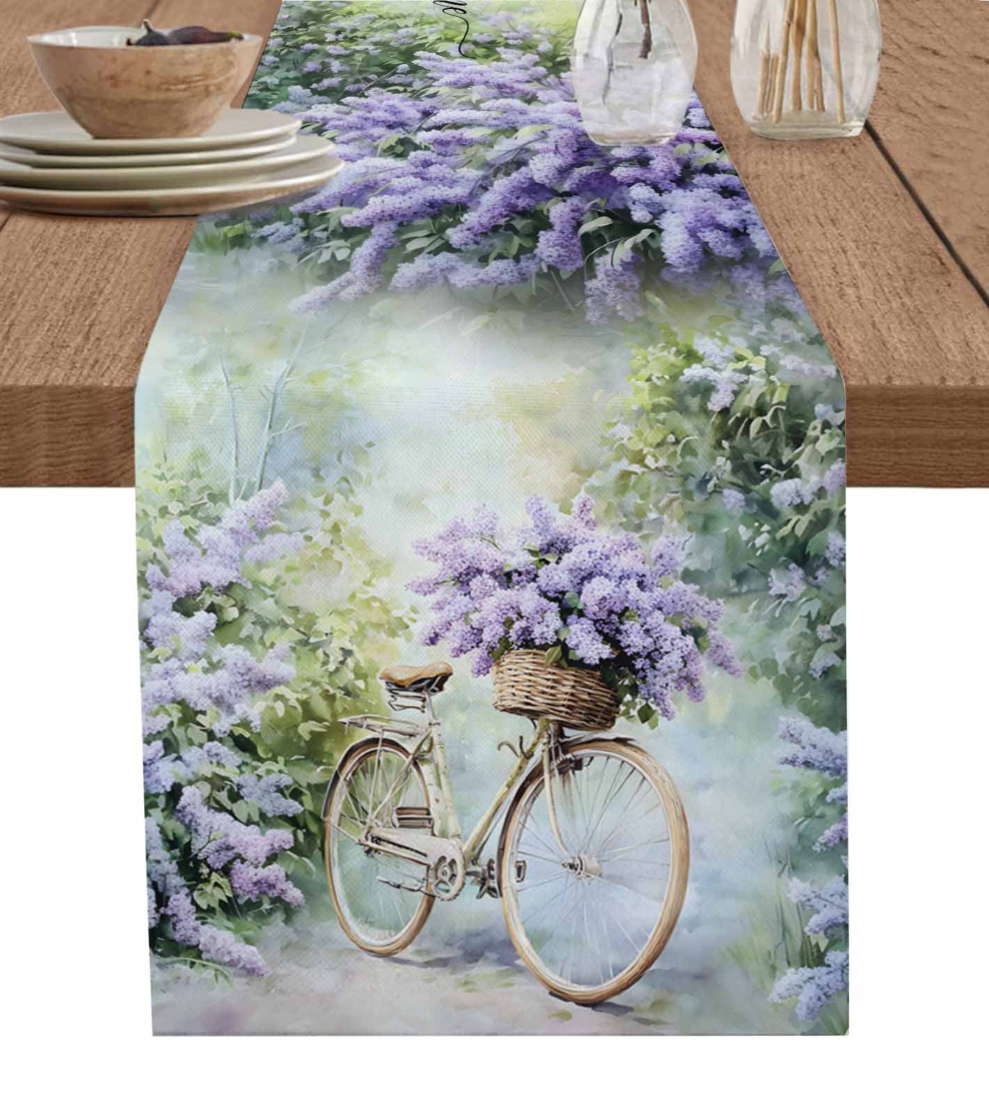 Purple Lavender Table Runner 72 Inches, Green Leaves Spring Bike ...