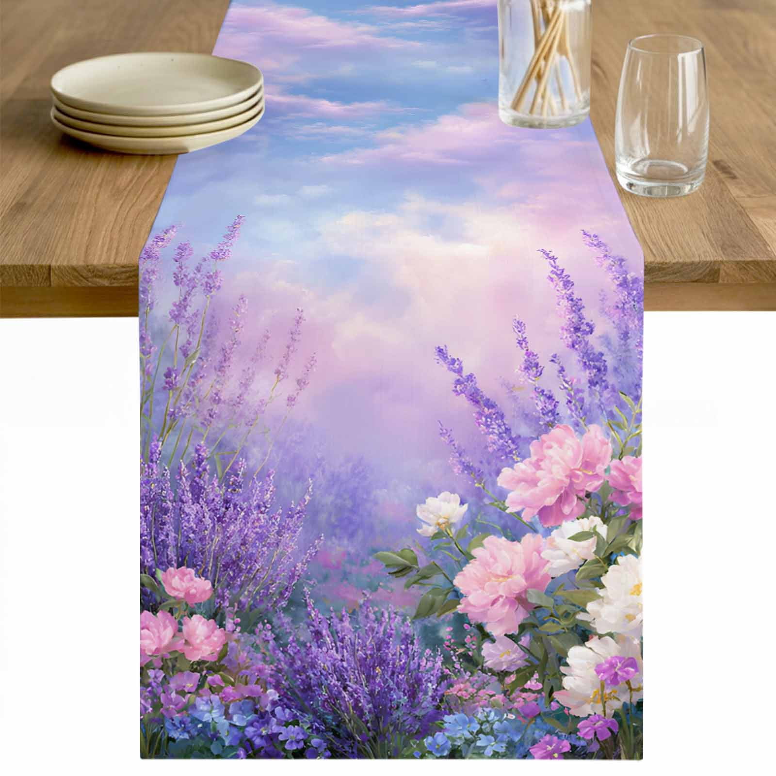 Purple Lavender Table Runner - 90 Inch Long Spring Watercolor Country ...