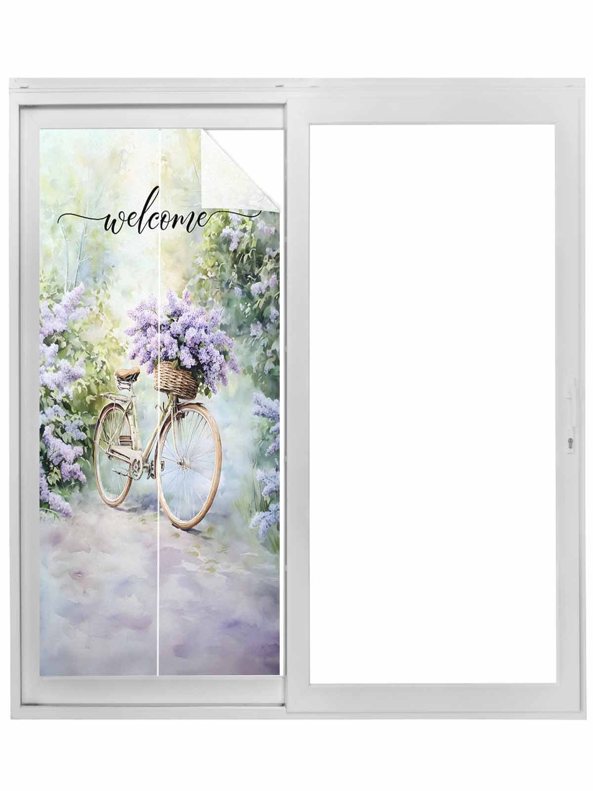 Purple Lavender Window Privacy Film, Green Leaves Spring Bike Botanical ...