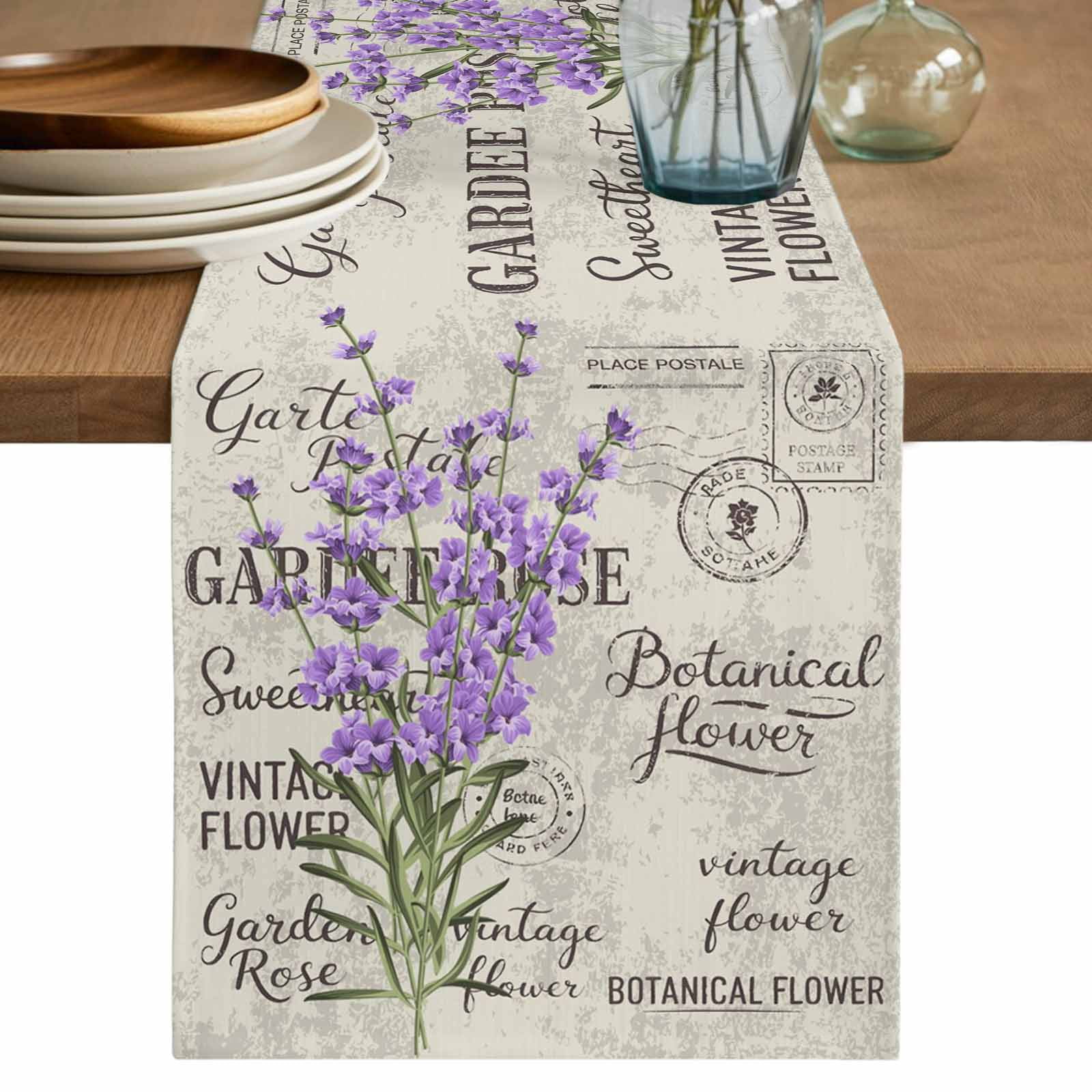 Purple Lavenders Eater Table Runner 72 Inches, Vintage Floral Retro Art ...