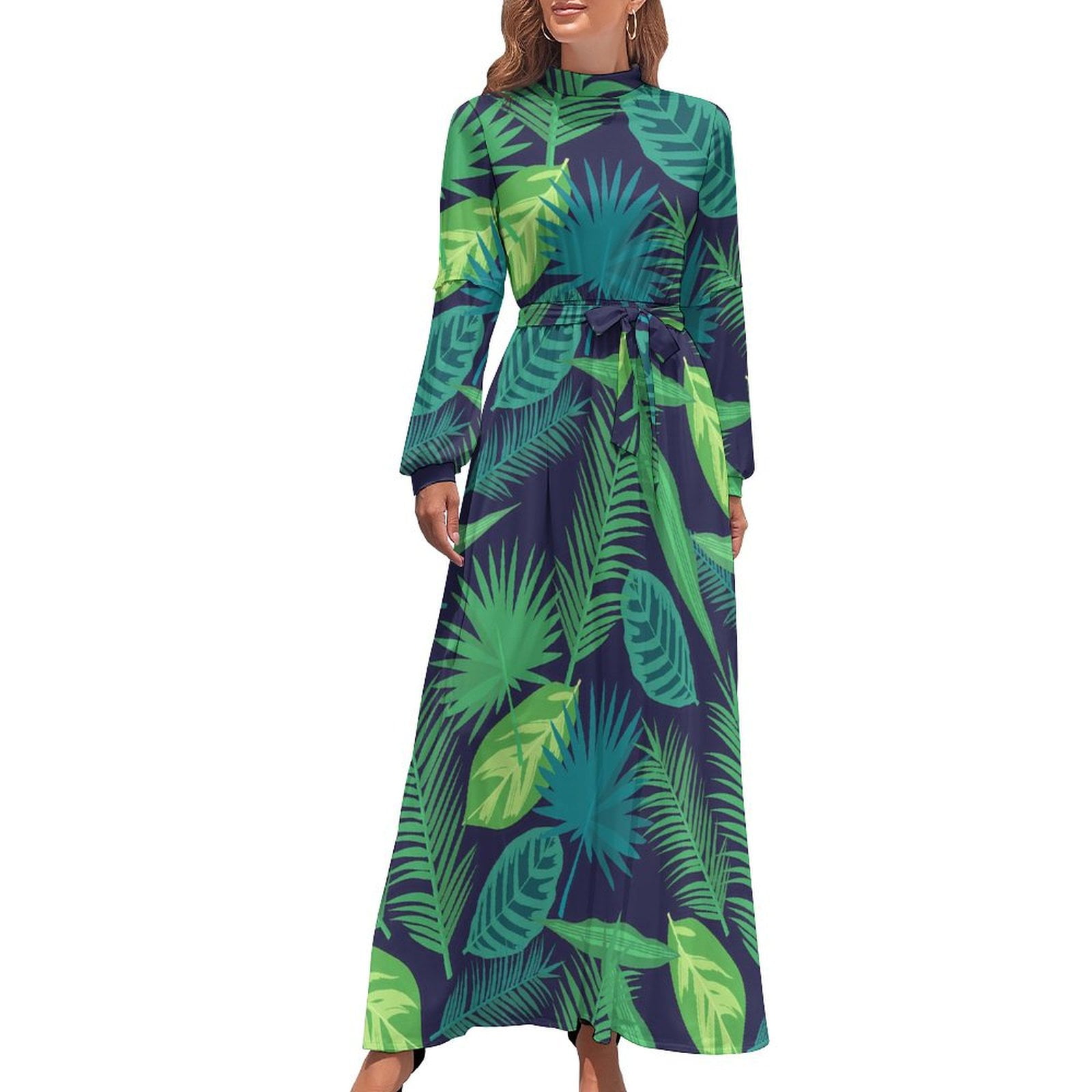 Purple Leaf Dress Tropical Plants Sexy Design Maxi Dress High Waist Long Sleeve Aesthetic ...
