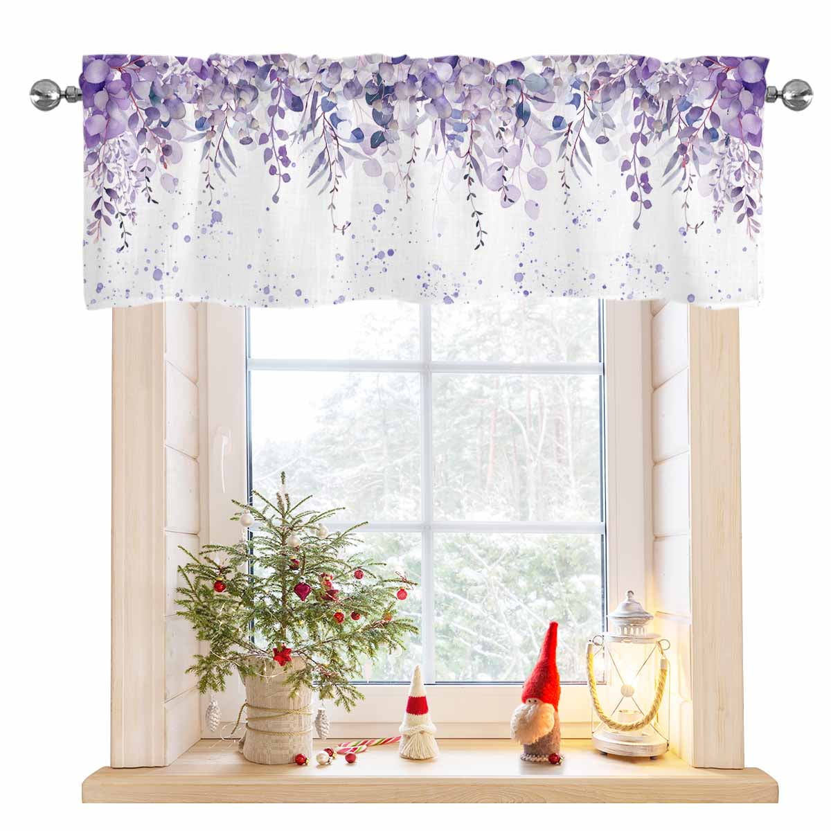 Purple Leaves Curtain Valance Watercolor Rod Pocket Linen Tie up ...