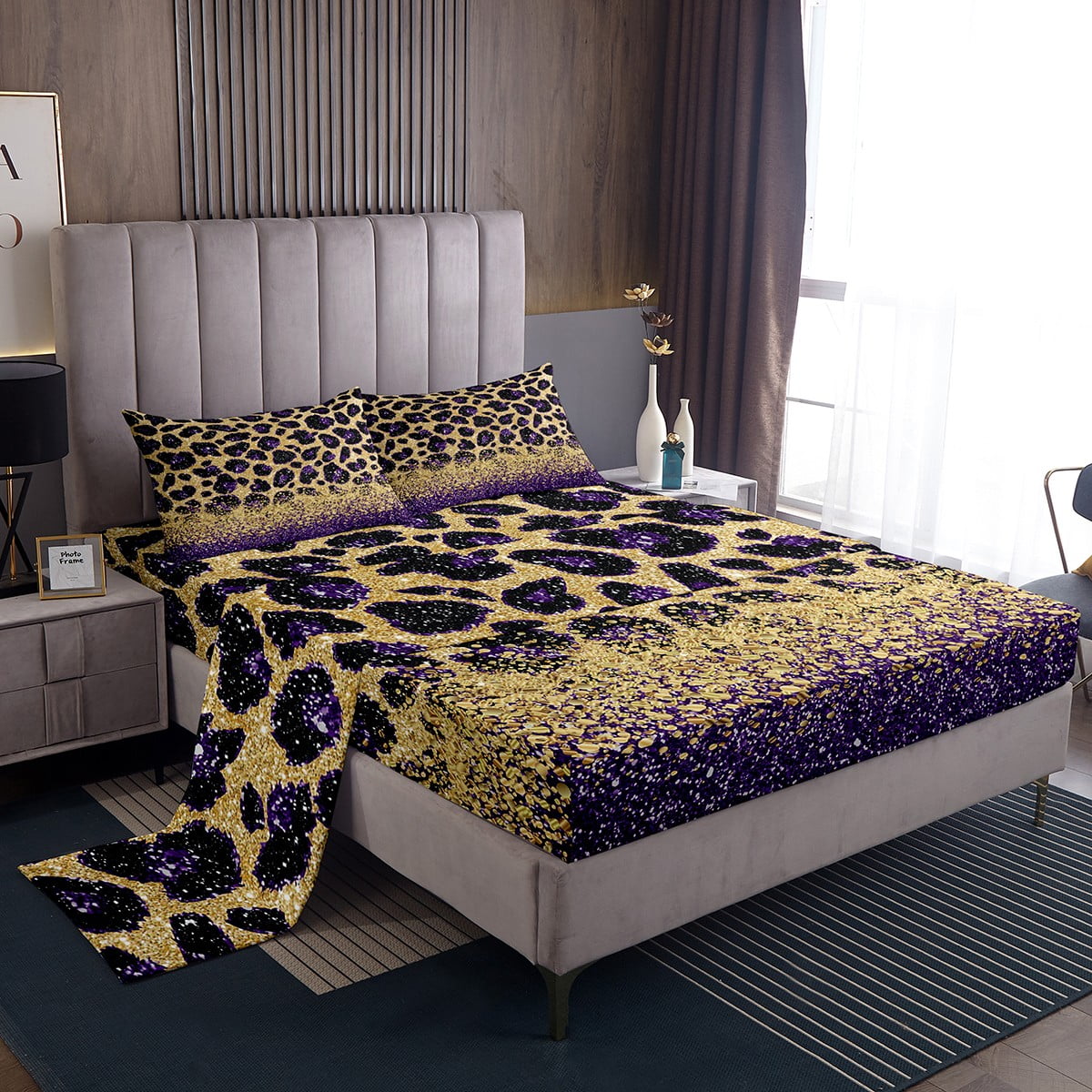 Purple Leopard Print Bed Sheets Set Gold Sequins Print Sheets,Wild ...