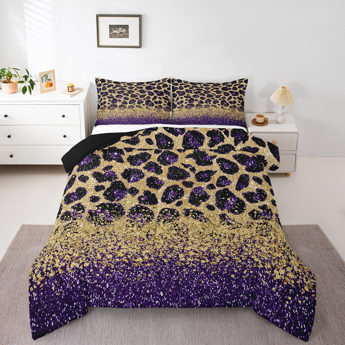 Purple Leopard Print Comforter Set Gold Sequins Print Bed Set,Wild ...
