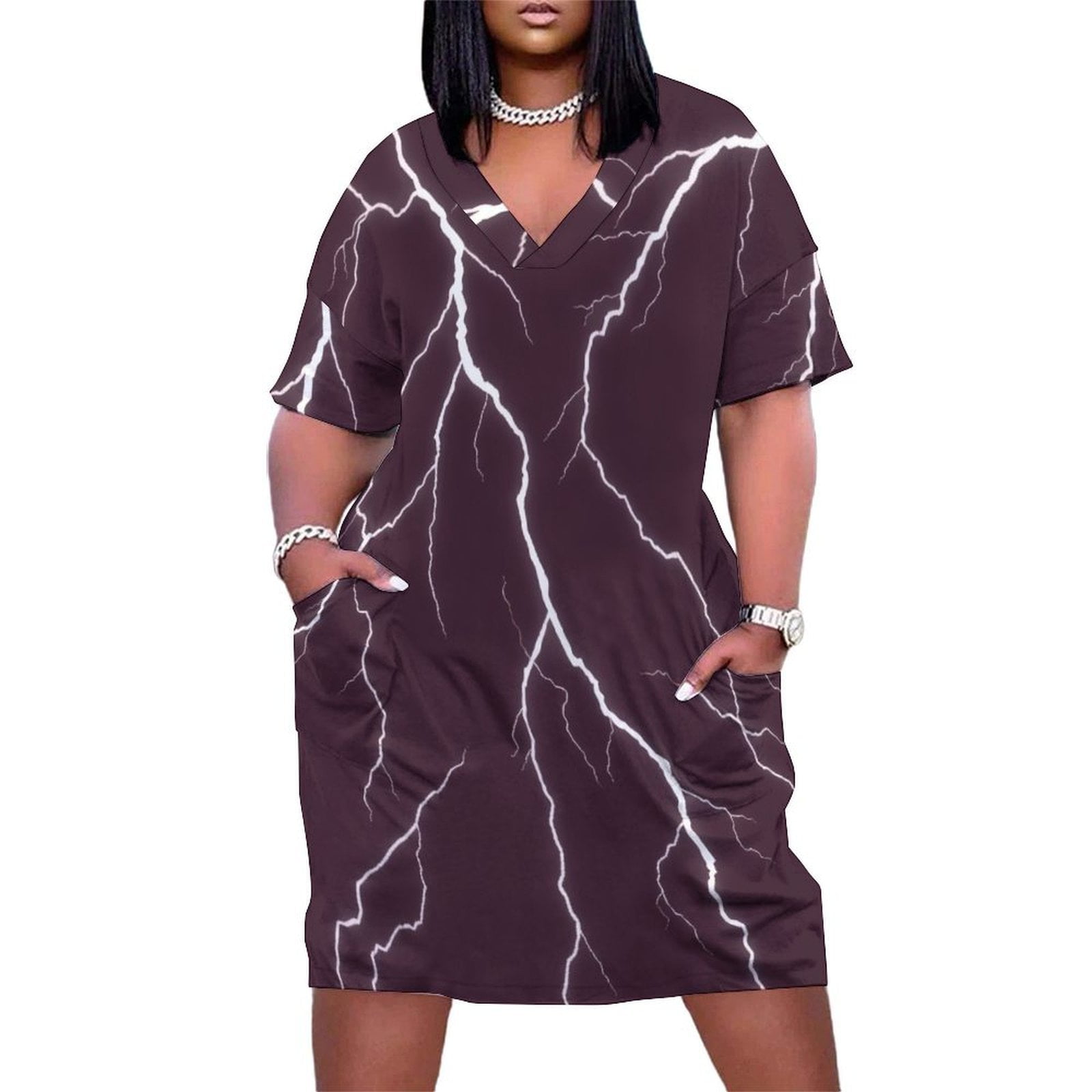 Purple Lightning Bolts Loose Pocket Dress Summer Dress Woman 2025 Trendy Women"s Clothing Trend ...