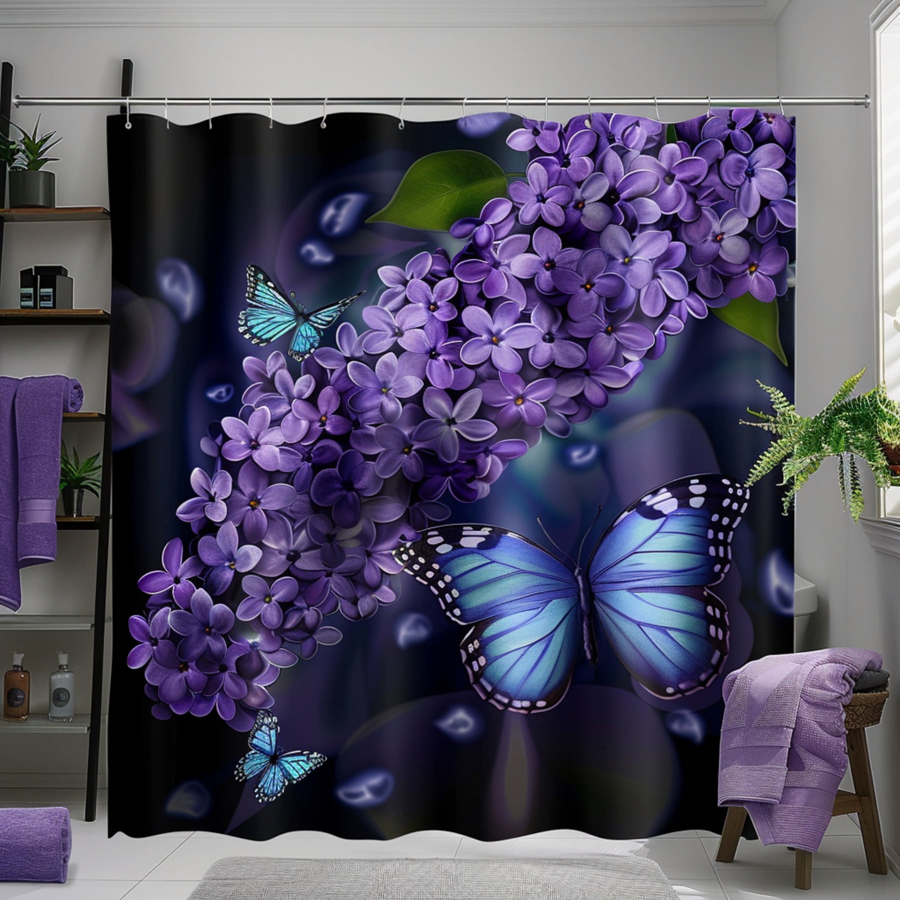Purple Lilac Flowers and Blue Butterfly Shower Curtain Elegant Black ...