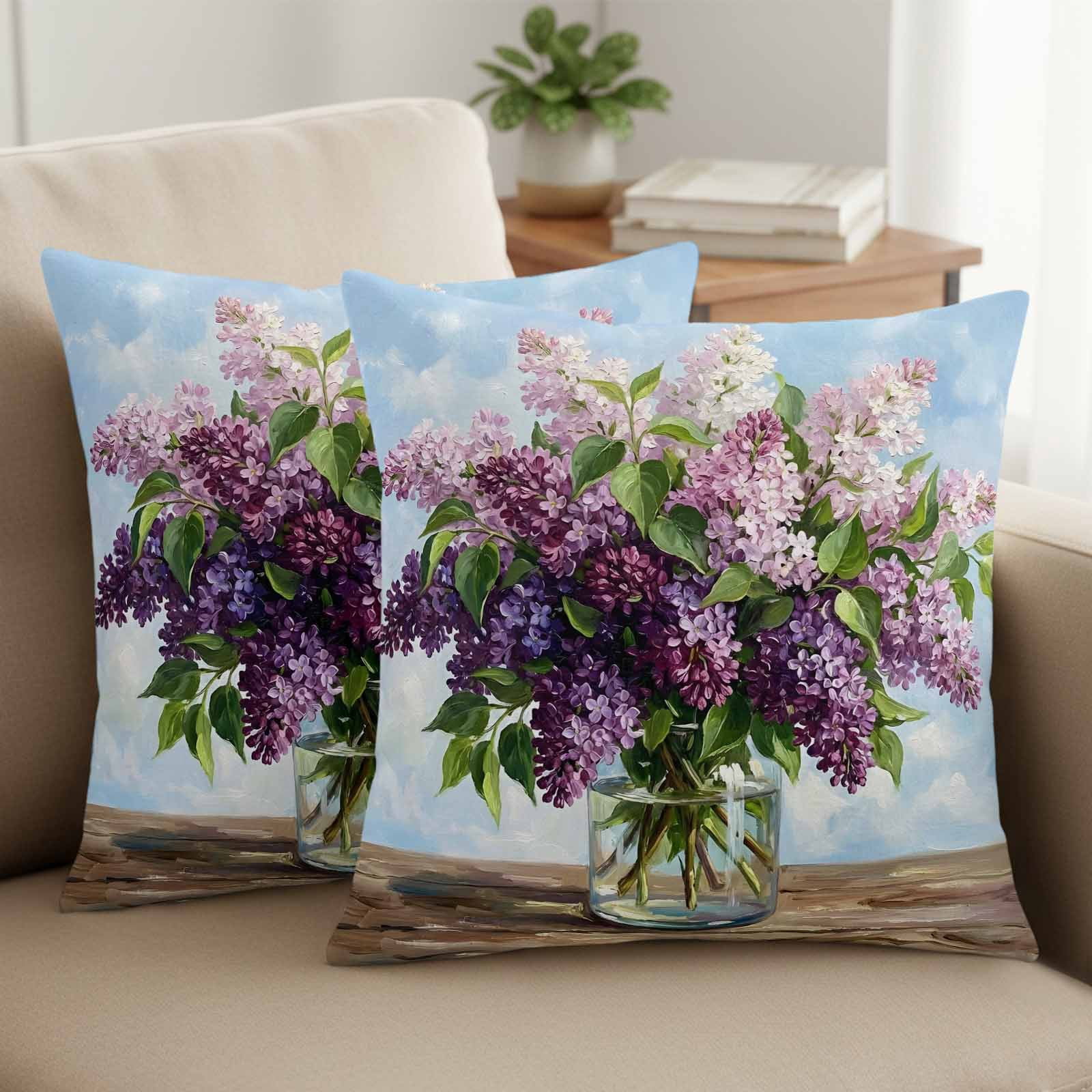 Purple Lilacs Pillow Covers Set of 2, Spring Summer Floral Vase Oil ...