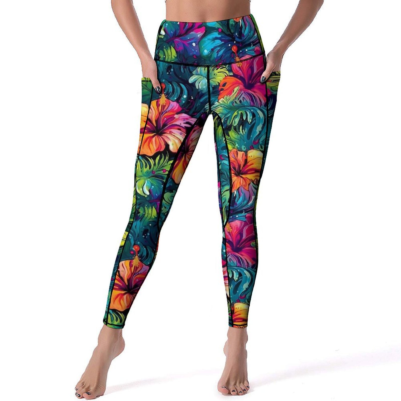 Purple Lily Floral Yoga Pants Pockets Flower Leggings Sexy High Waist ...
