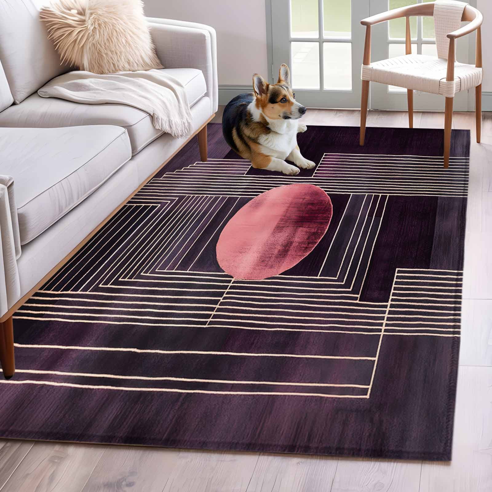 Purple Line Geometric Area Rug 3x5 Washable Rug Non Slip Circle ...