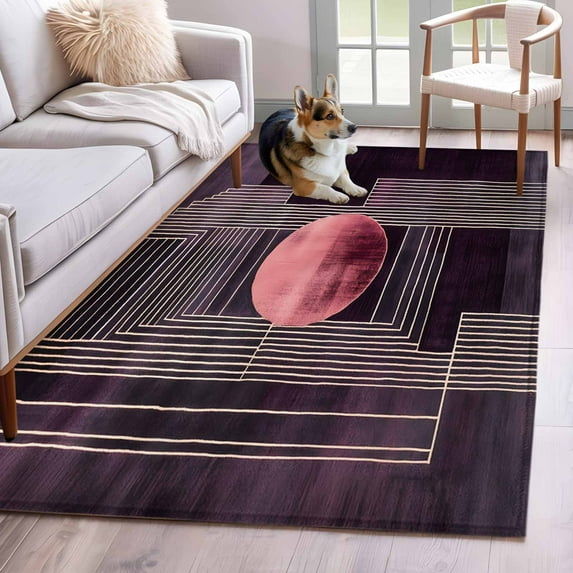 Purple Line Geometric Area Rug 3x5 Washable Rug Non Slip Circle ...
