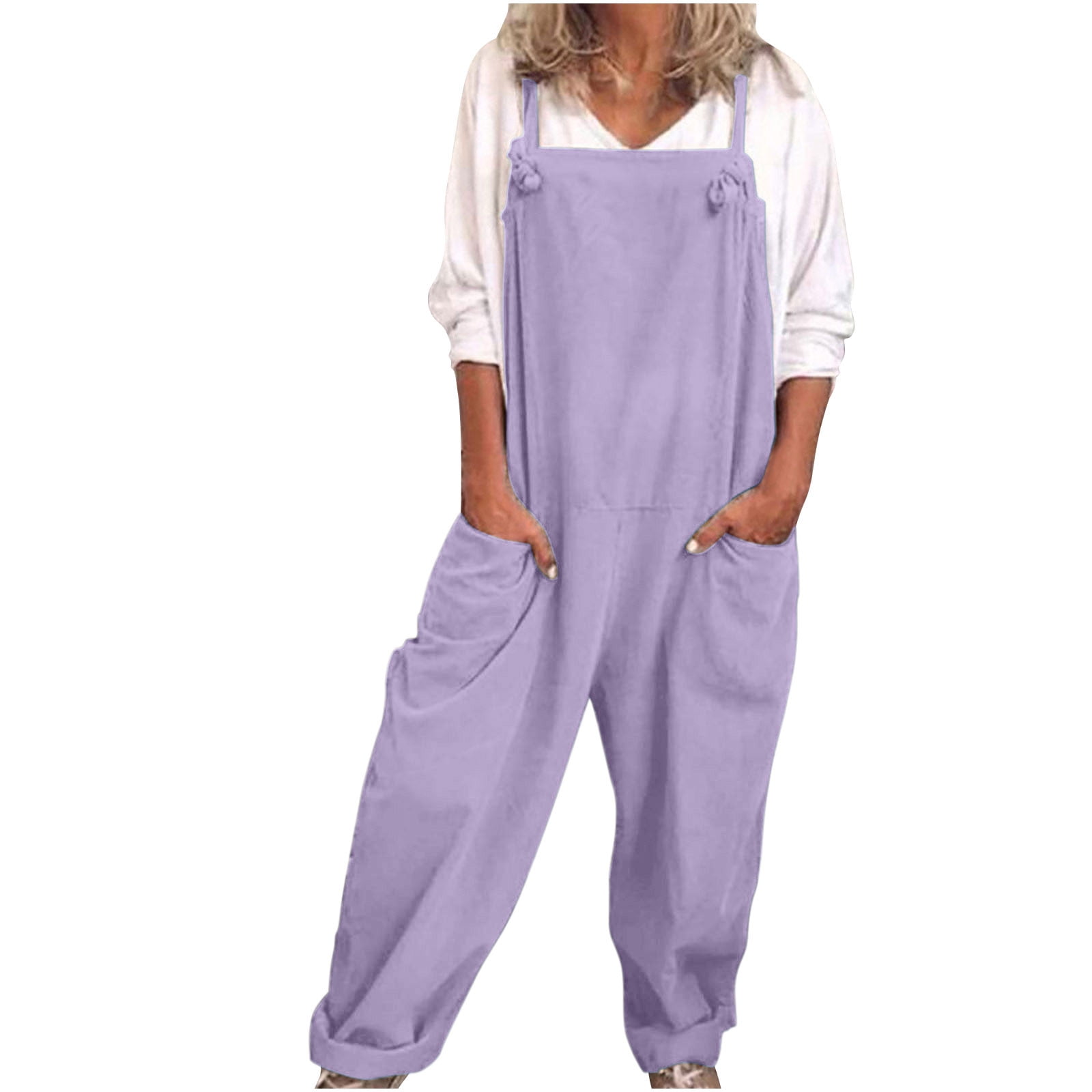 Purple Loose Fit Overalls for Women Summer Fall Faux Gauze Linen Lounge ...