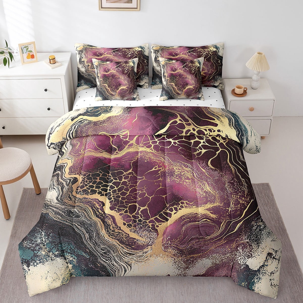 Purple Marble 7 Pieces Bedding Set Queen Size Watercolor Artwork Design ...