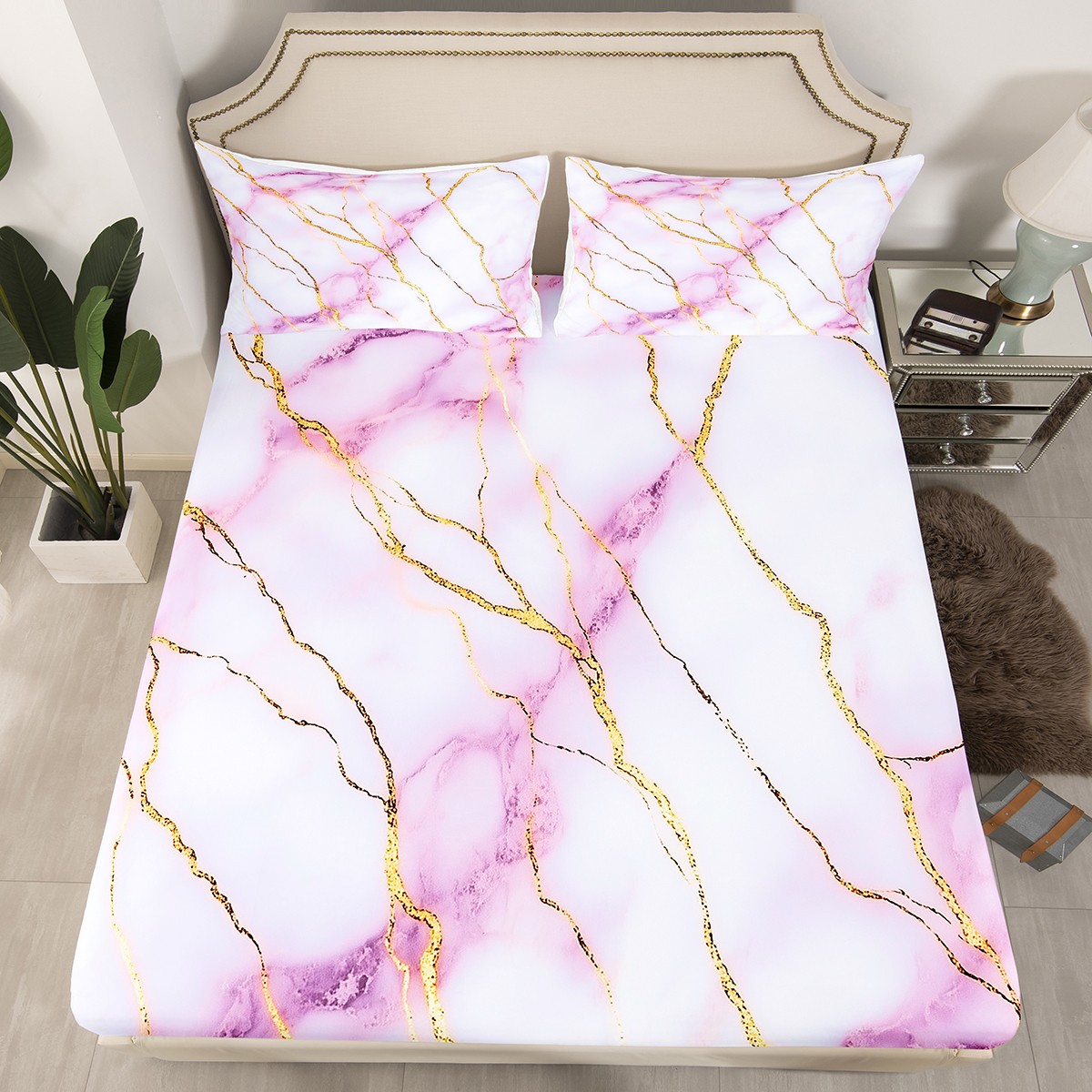 Purple Marble Bed Sheets Golden Stone Pattern Full Fitted Sheet,Pastel ...