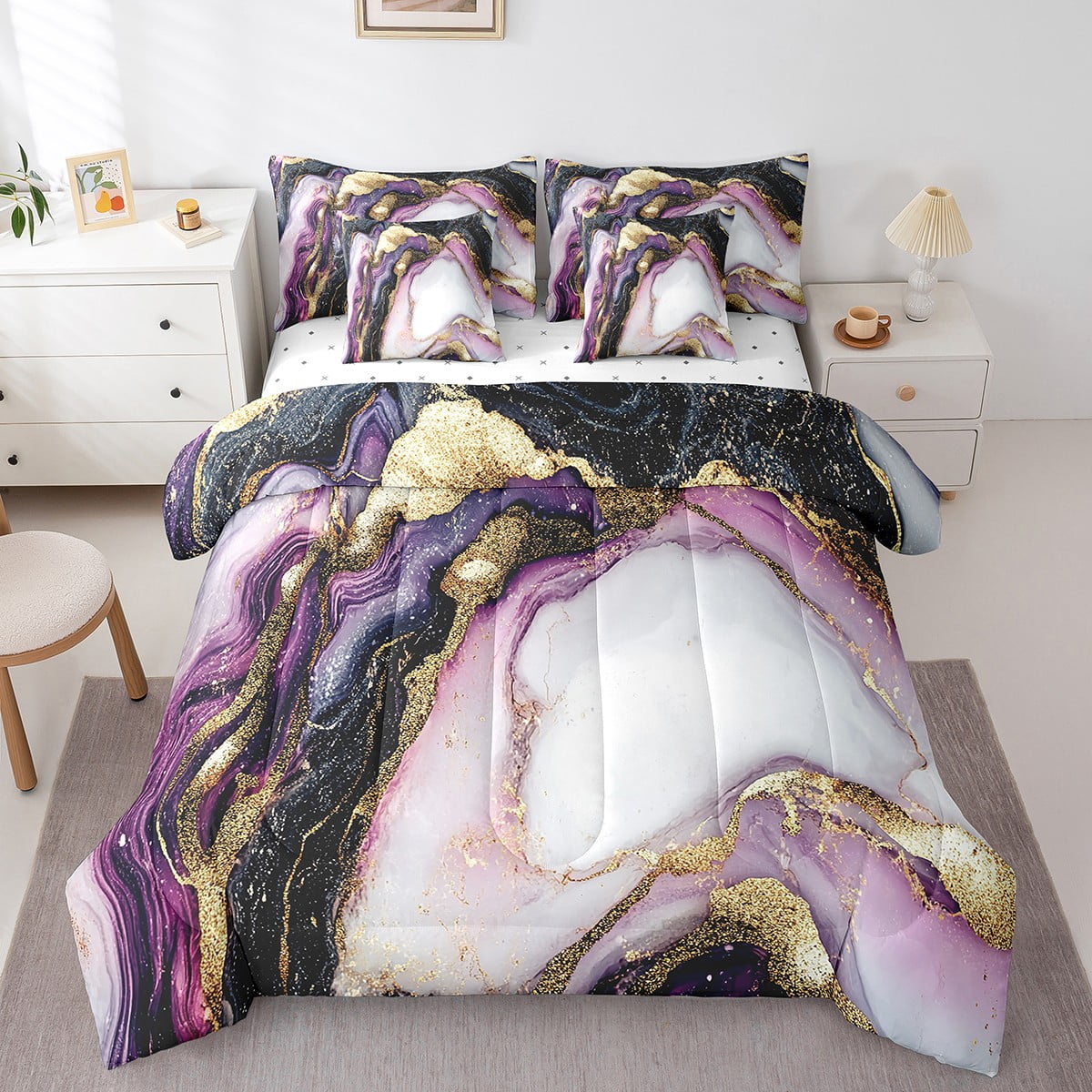 Purple Marble,Bedding Set Queen Size Gold Glitter Sheet Set Modern ...